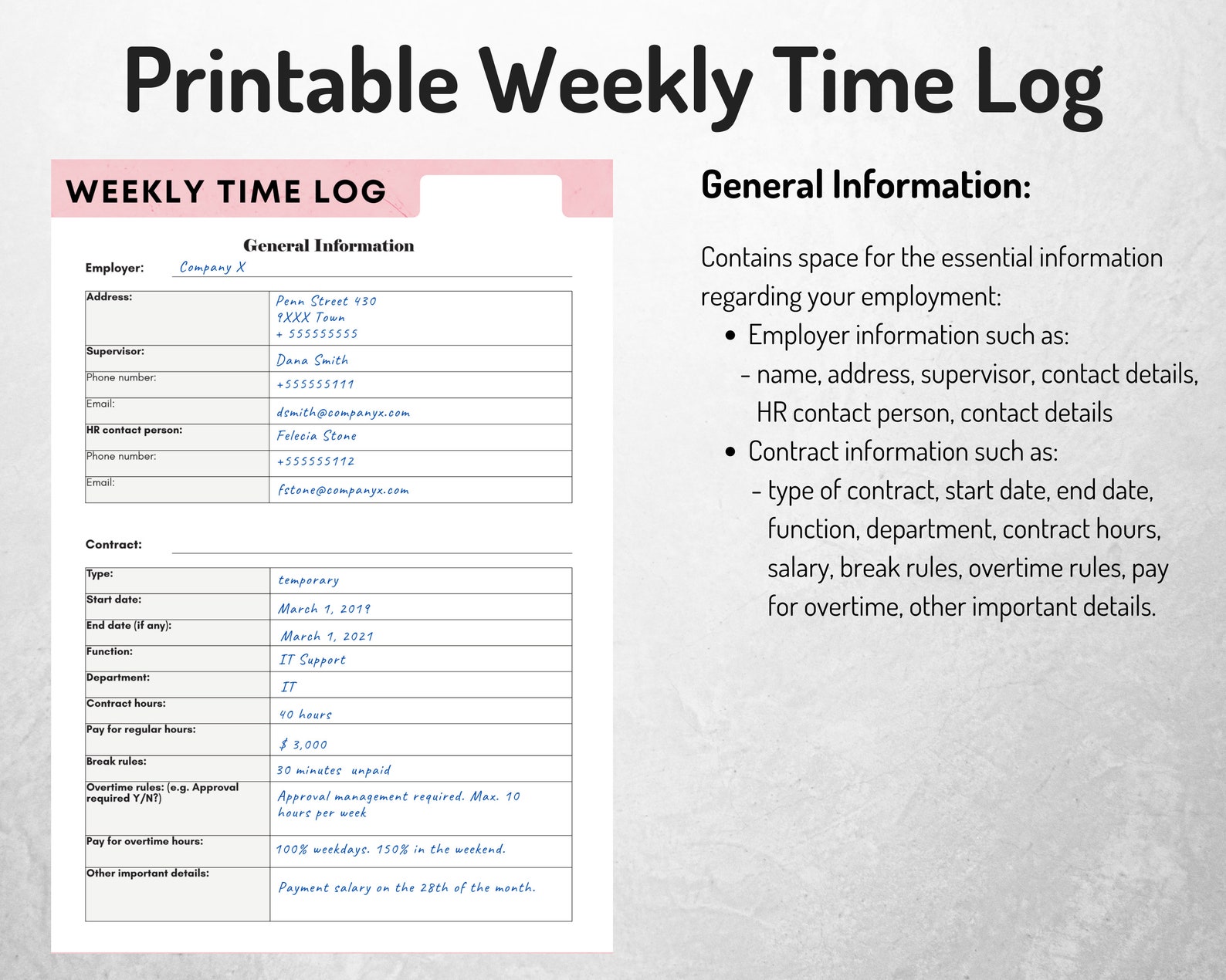Pink Marble Weekly Time Log Printable Time Sheets for - Etsy