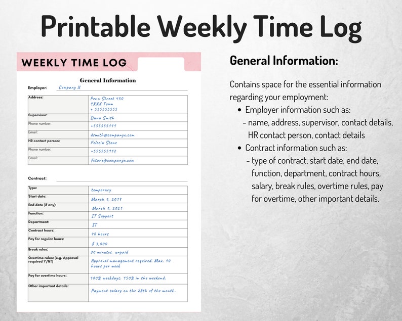 Pink Marble Weekly Time Log Printable Time Sheets for - Etsy
