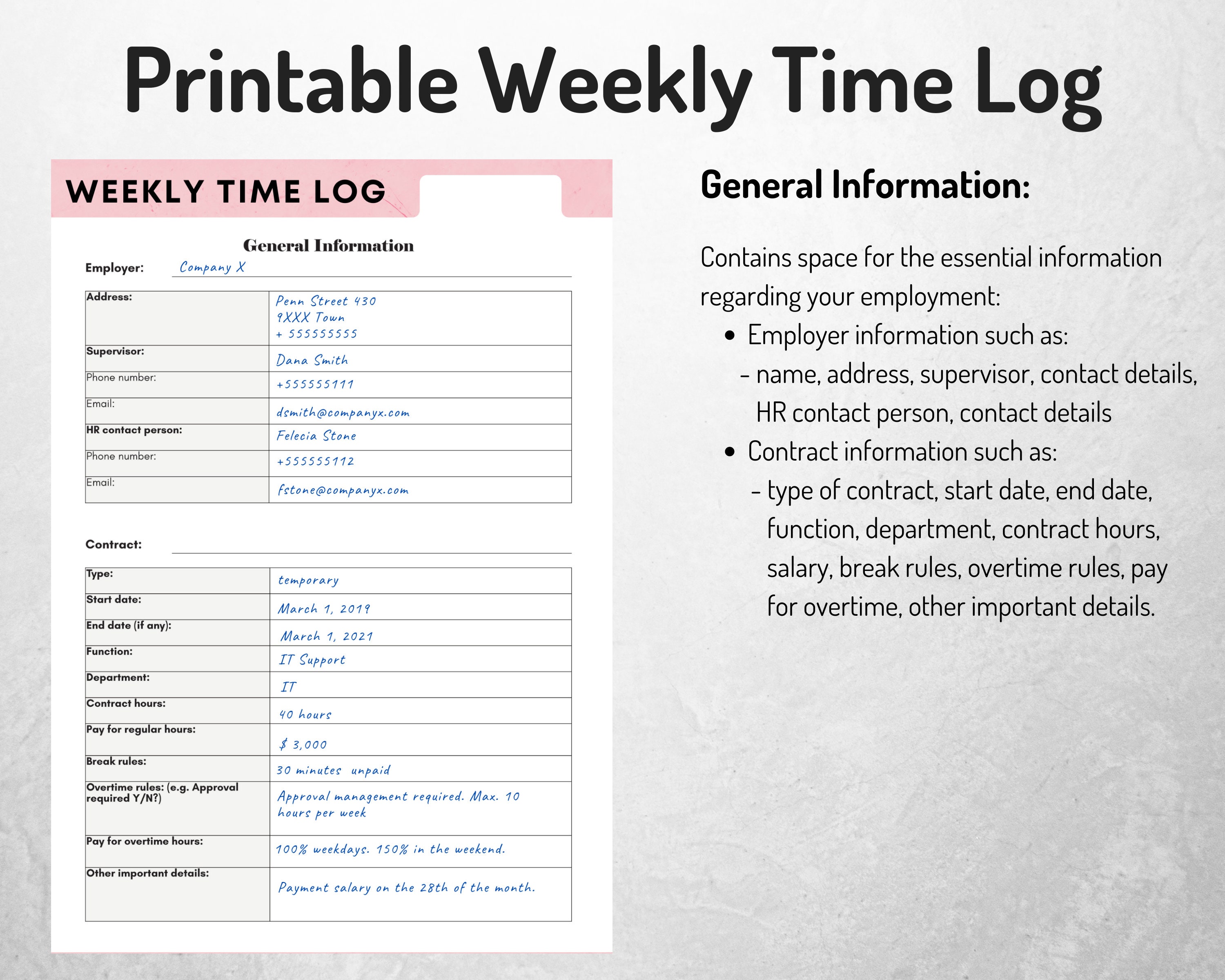 Pink Marble Weekly Time Log Printable Time Sheets for Employees Work ...