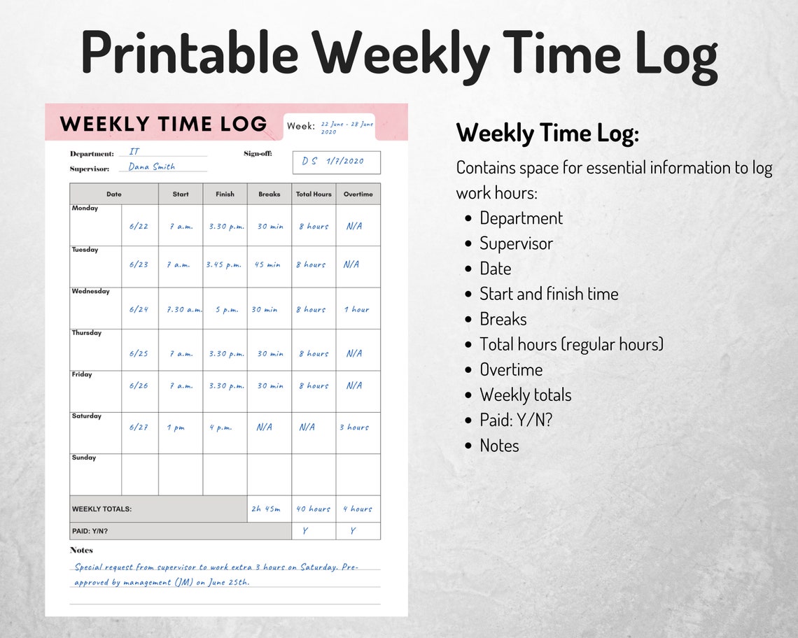 Pink Marble Weekly Time Log Printable Time Sheets for - Etsy