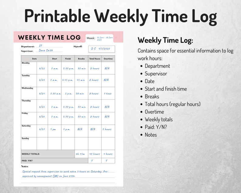 Pink Marble Weekly Time Log Printable Time Sheets for - Etsy