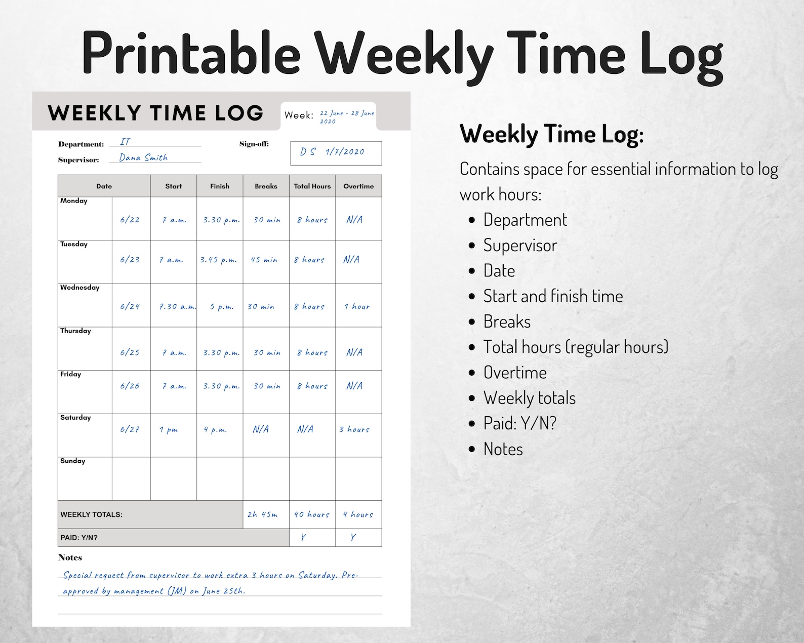 Weekly Time Log Printable Time Sheets for Employees Work Hours Trackers ...