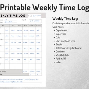 Weekly Time Log Printable Time Sheets for Employees Work - Etsy