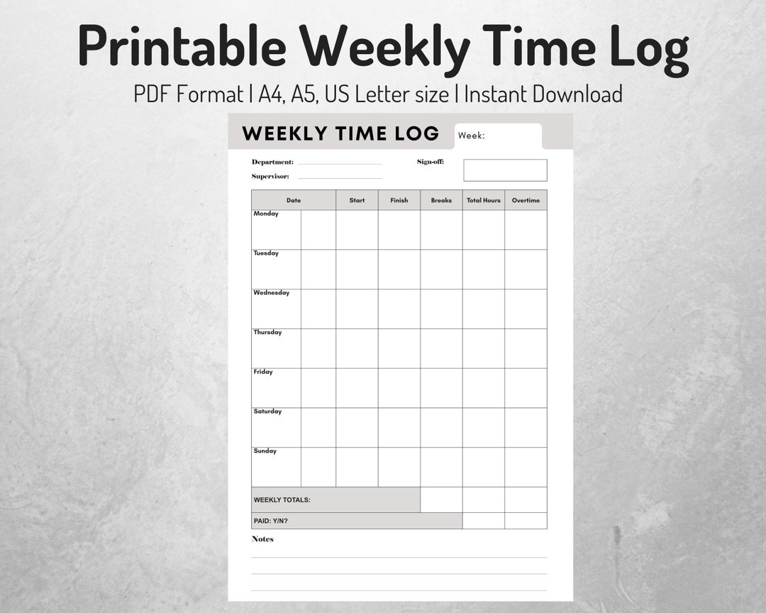 Weekly Time Log Printable Time Sheets for Employees Work - Etsy