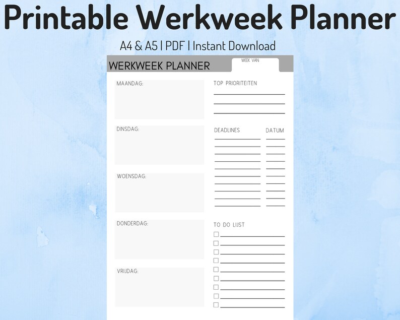 Werkweek Planner Printable Werk Schema Werk Agenda PDF - Etsy UK