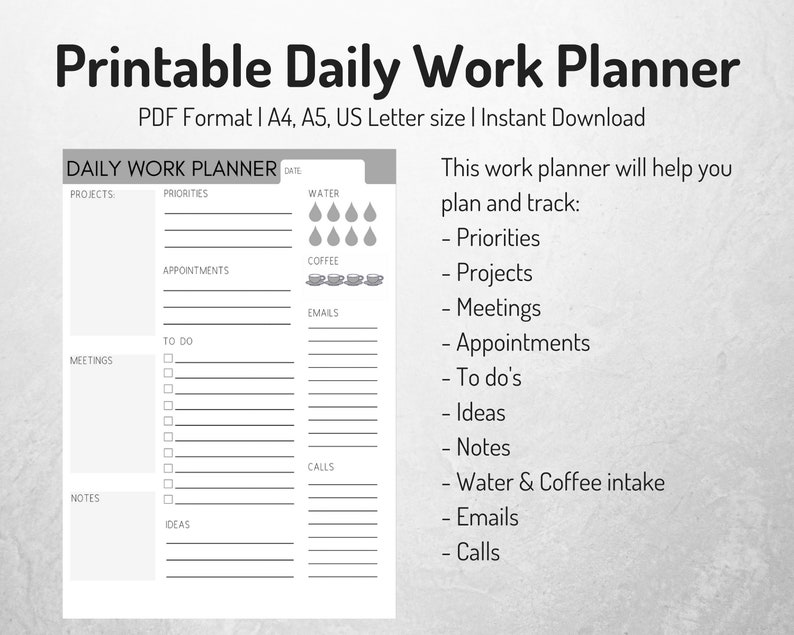 Daily Work Planner Daily Planner Work Organizer Printable Work Planner ...