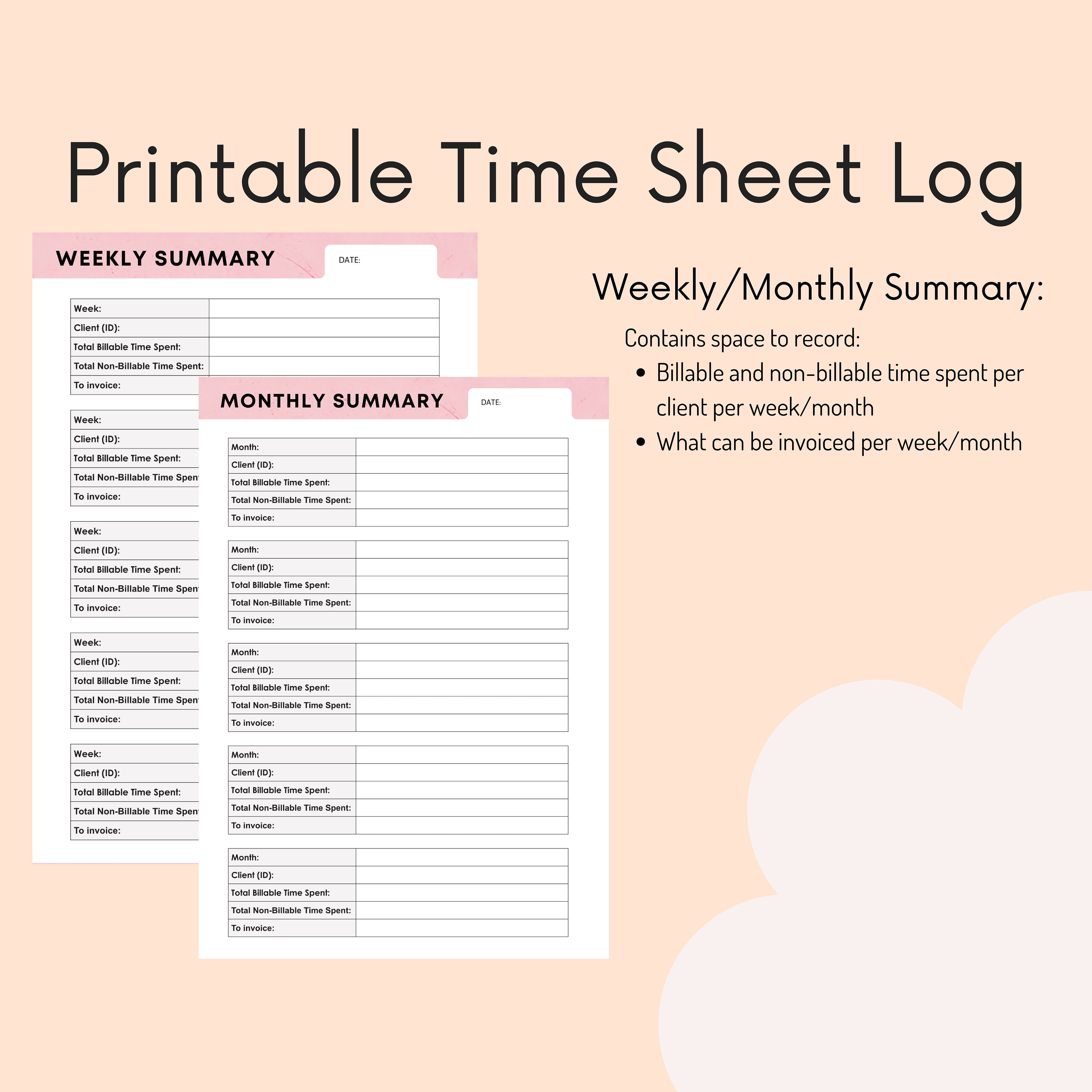 Pink Marble Time Sheet Log for Freelancers | Printable Time Sheets for ...