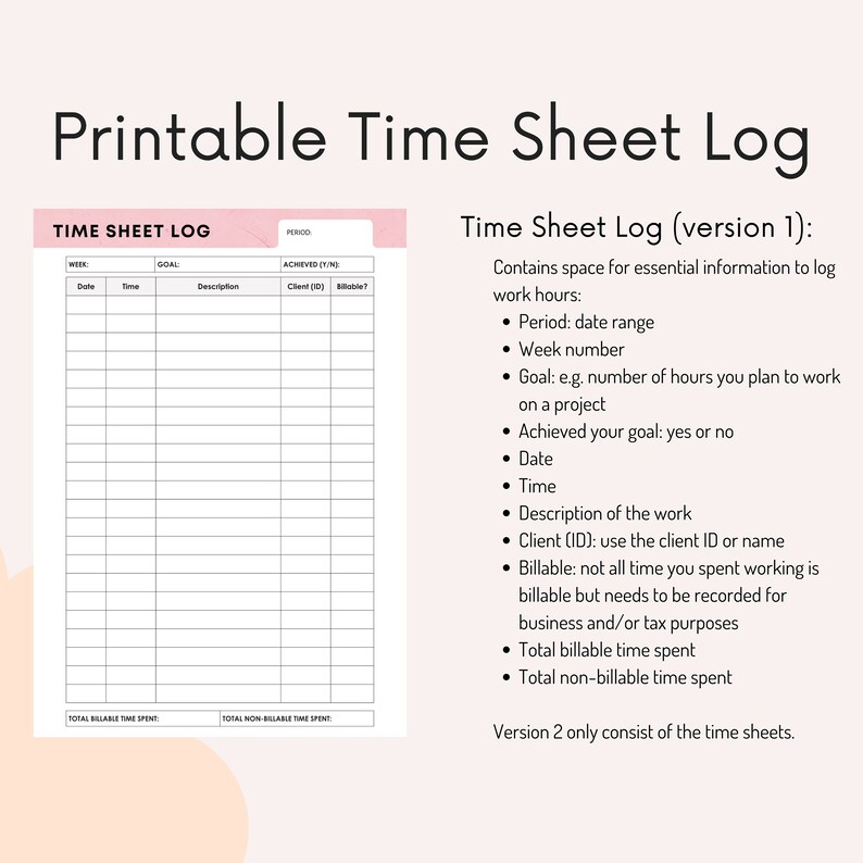 Pink Marble Time Sheet Log for Freelancers | Printable Time Sheets for ...