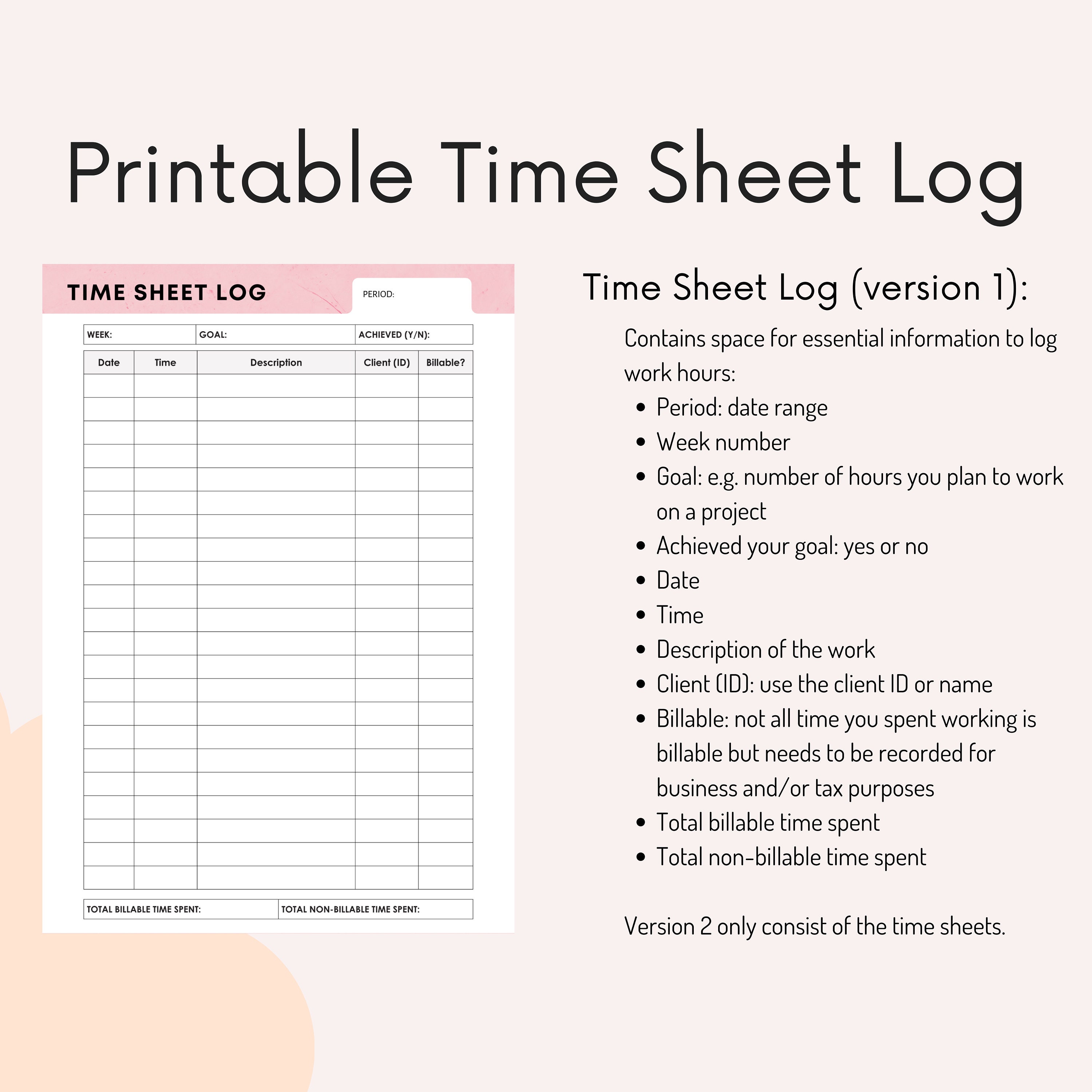 Pink Marble Time Sheet Log for Freelancers Printable Time Sheets for ...