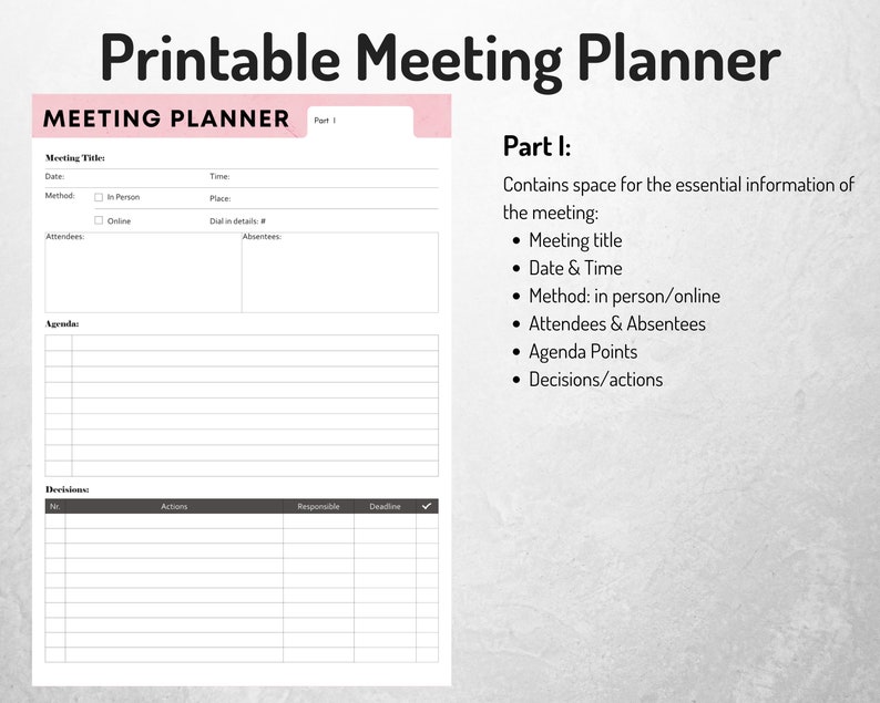 Pink Marble Meeting Planner Printable Meeting Notes - Etsy
