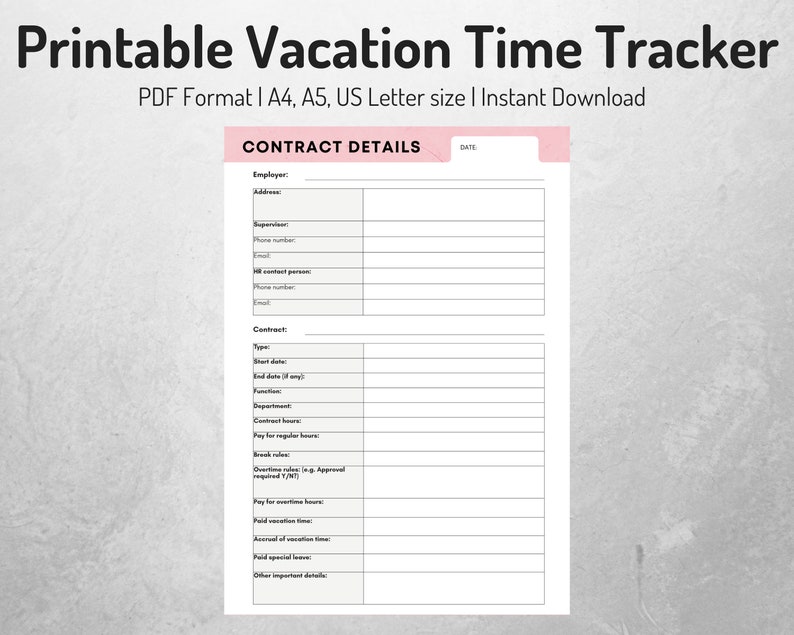 Pink Marble Vacation Time Tracker Paid Time off Log - Etsy