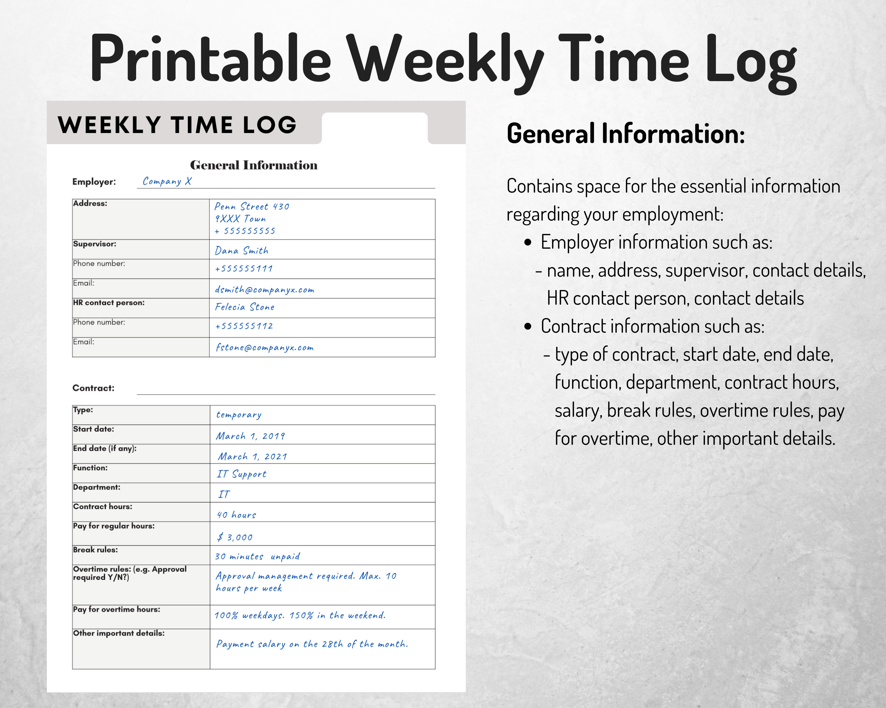 Weekly Time Log Printable Time Sheets for Employees Work Hours Trackers ...
