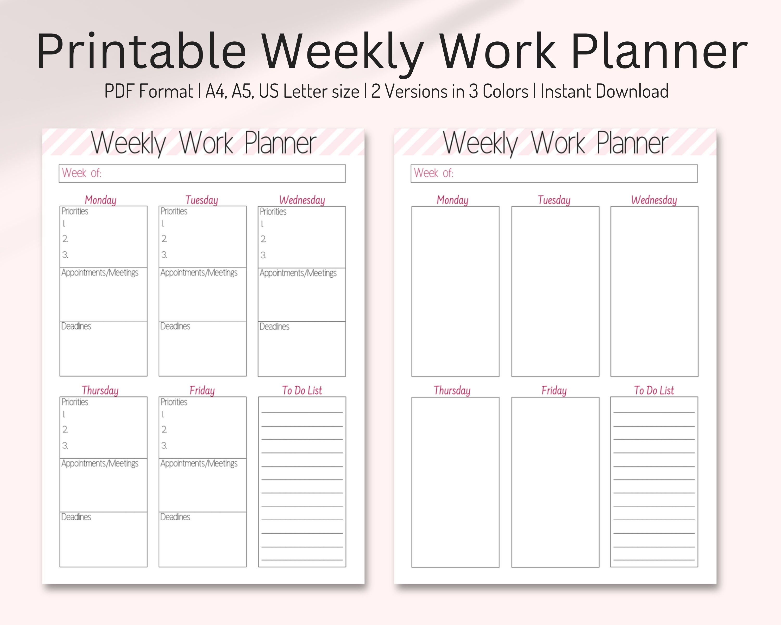 Workweek Organizer Weekly Work Planner Work Planner Printable Planner ...