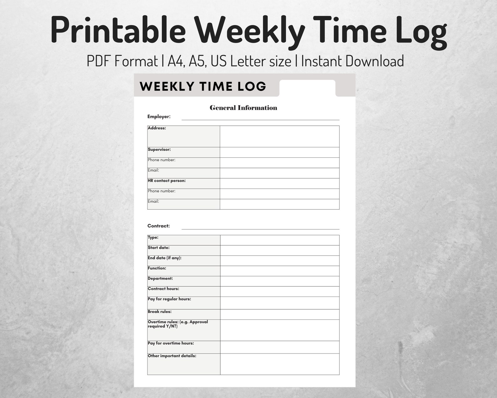 Weekly Time Log Printable Time Sheets for Employees Work Hours Trackers ...