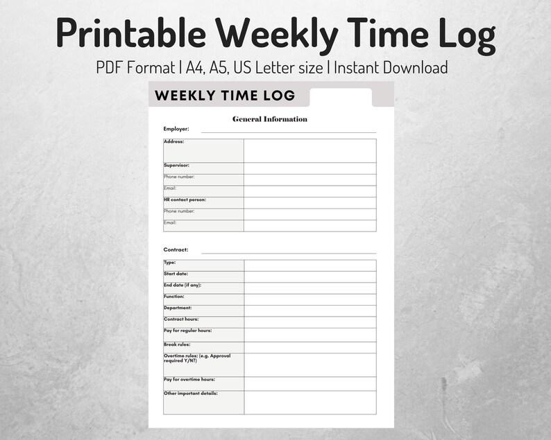 Weekly Time Log Printable Time Sheets for Employees Work Hours Trackers ...