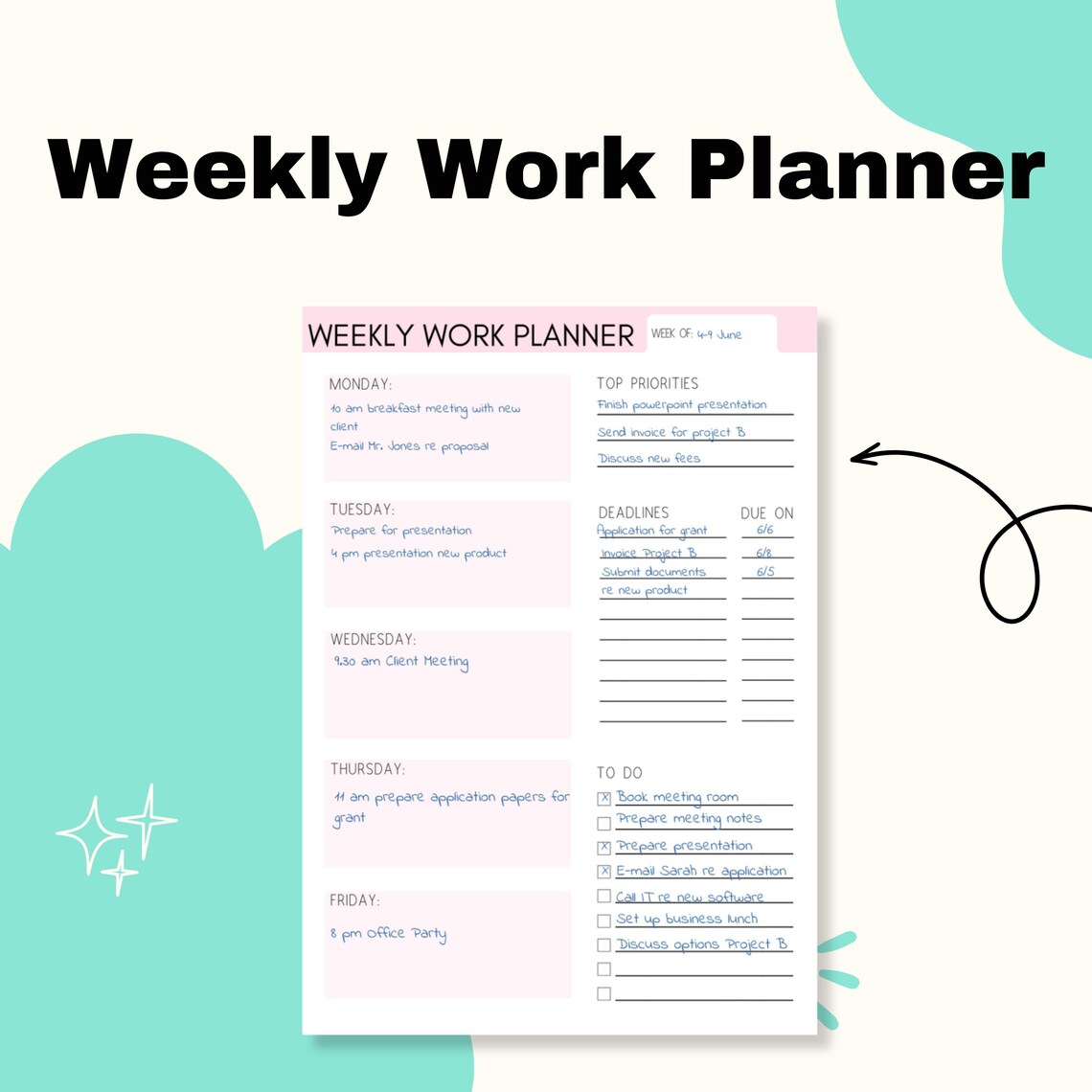 Weekly Work Planner| Weekly Planner| Work Organizer| Work Calendar ...