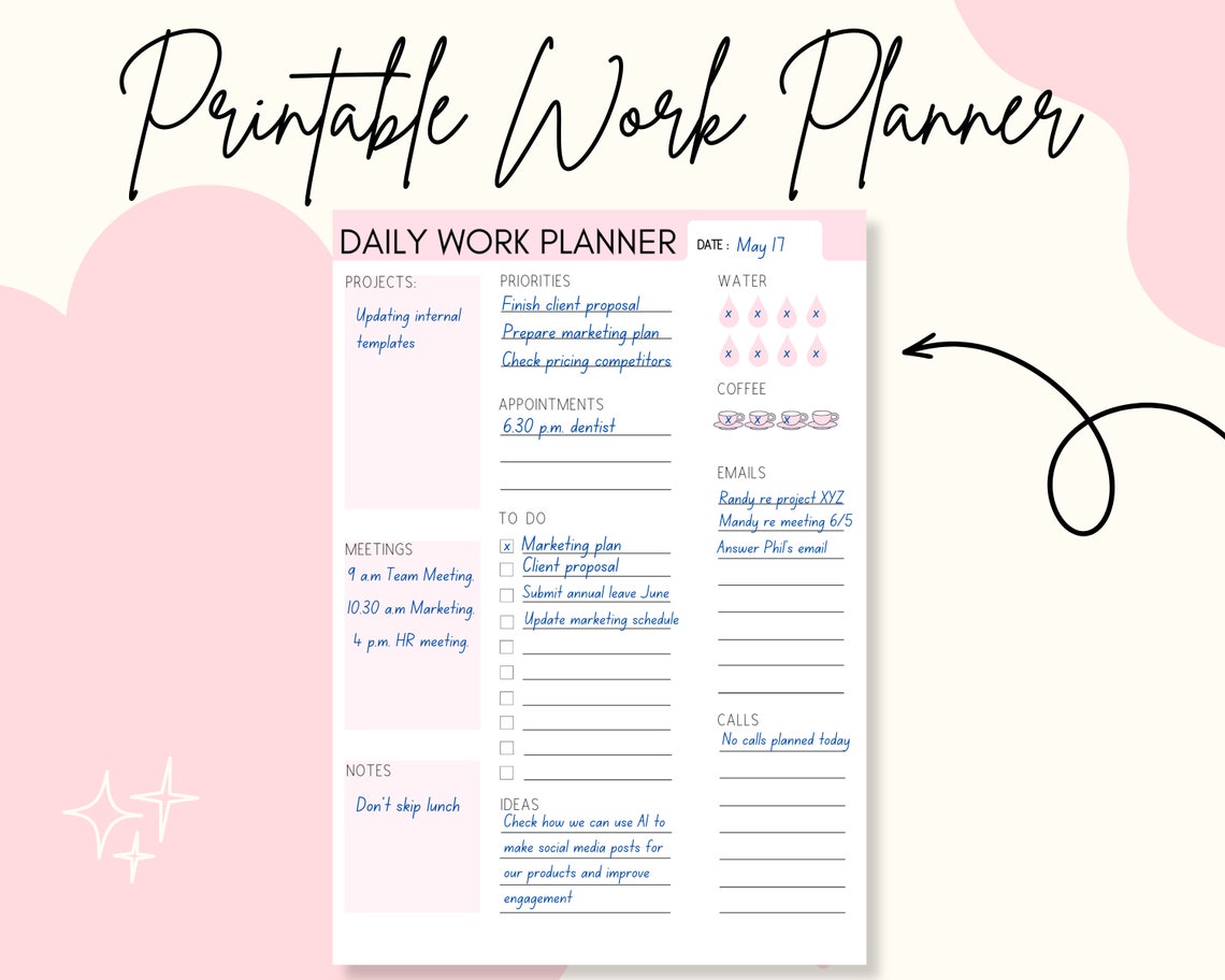 Daily Work Planner Daily Agenda Work Organizer Job Planner Printable ...