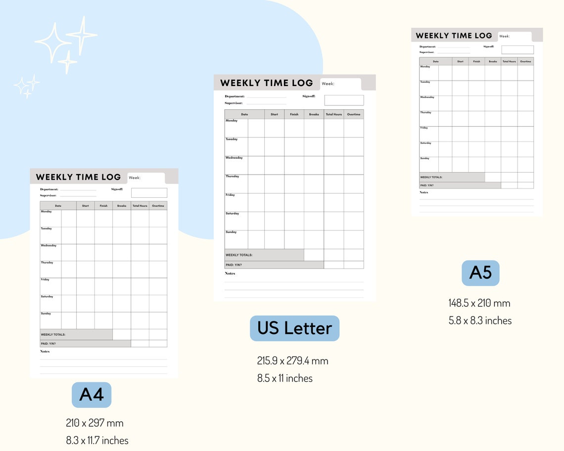 Weekly Time Log| Printable Time Sheets for Employees | Work Hours ...