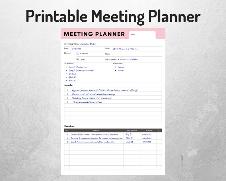 Pink Marble Meeting Planner Printable Meeting Notes - Etsy