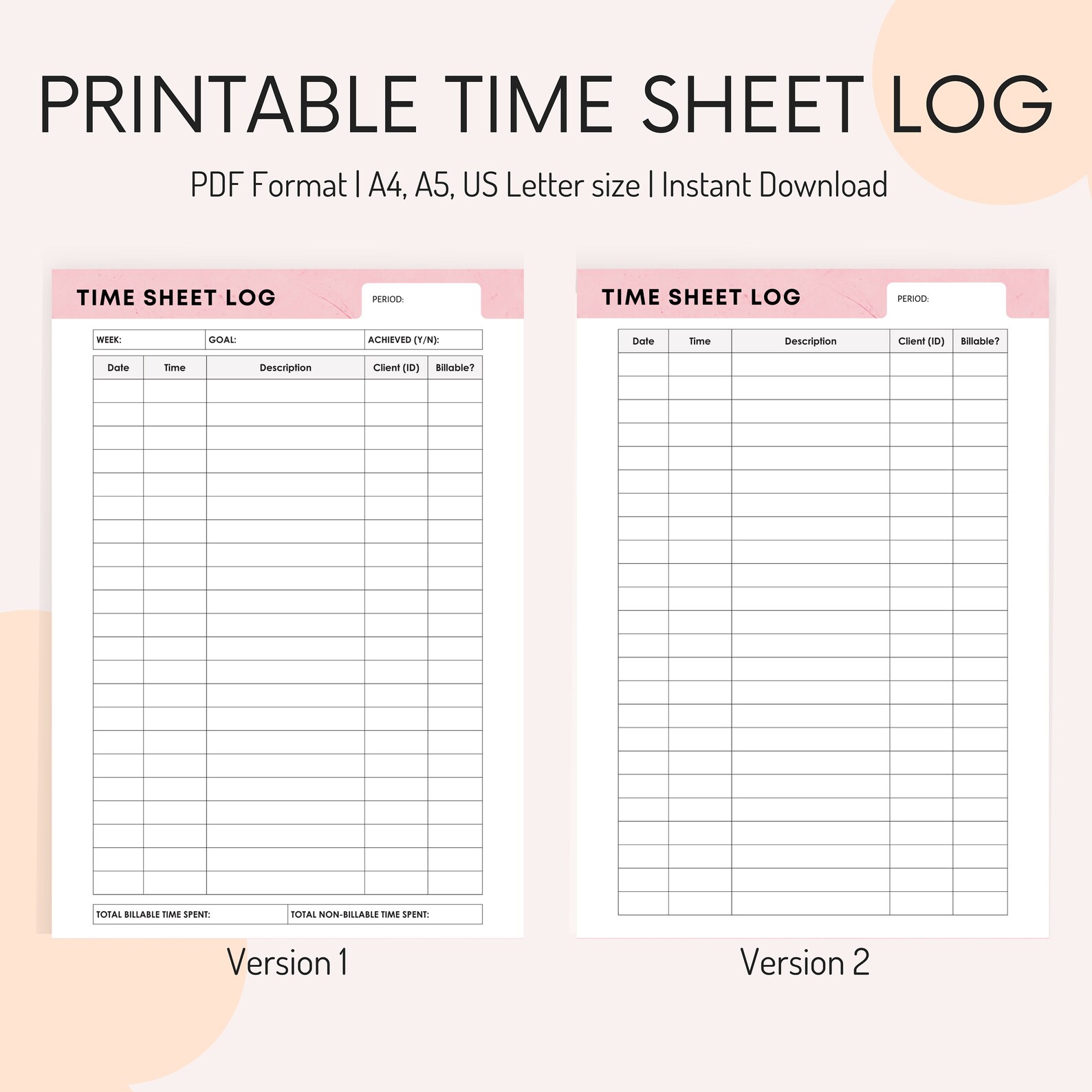 Pink Marble Time Sheet Log for Freelancers | Printable Time Sheets for ...