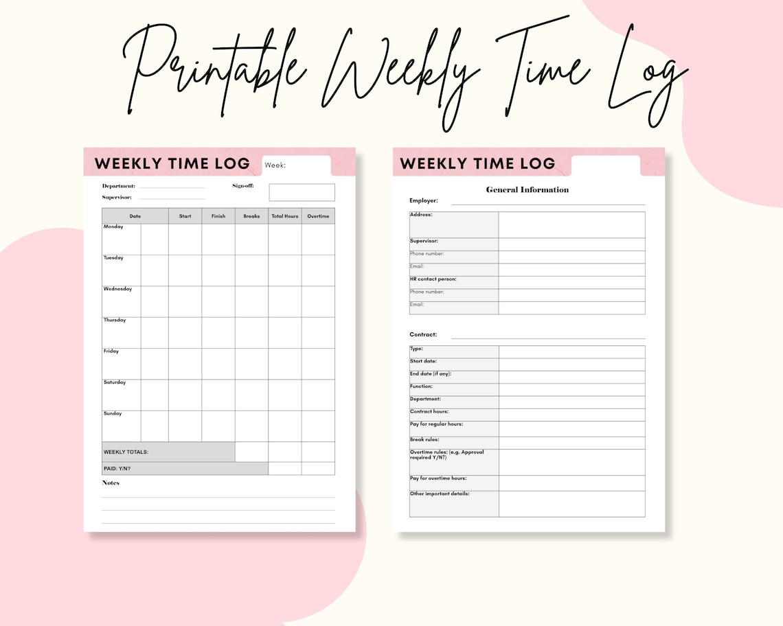 Pink Marble Weekly Time Log| Printable Time Sheets for Employees | Work ...