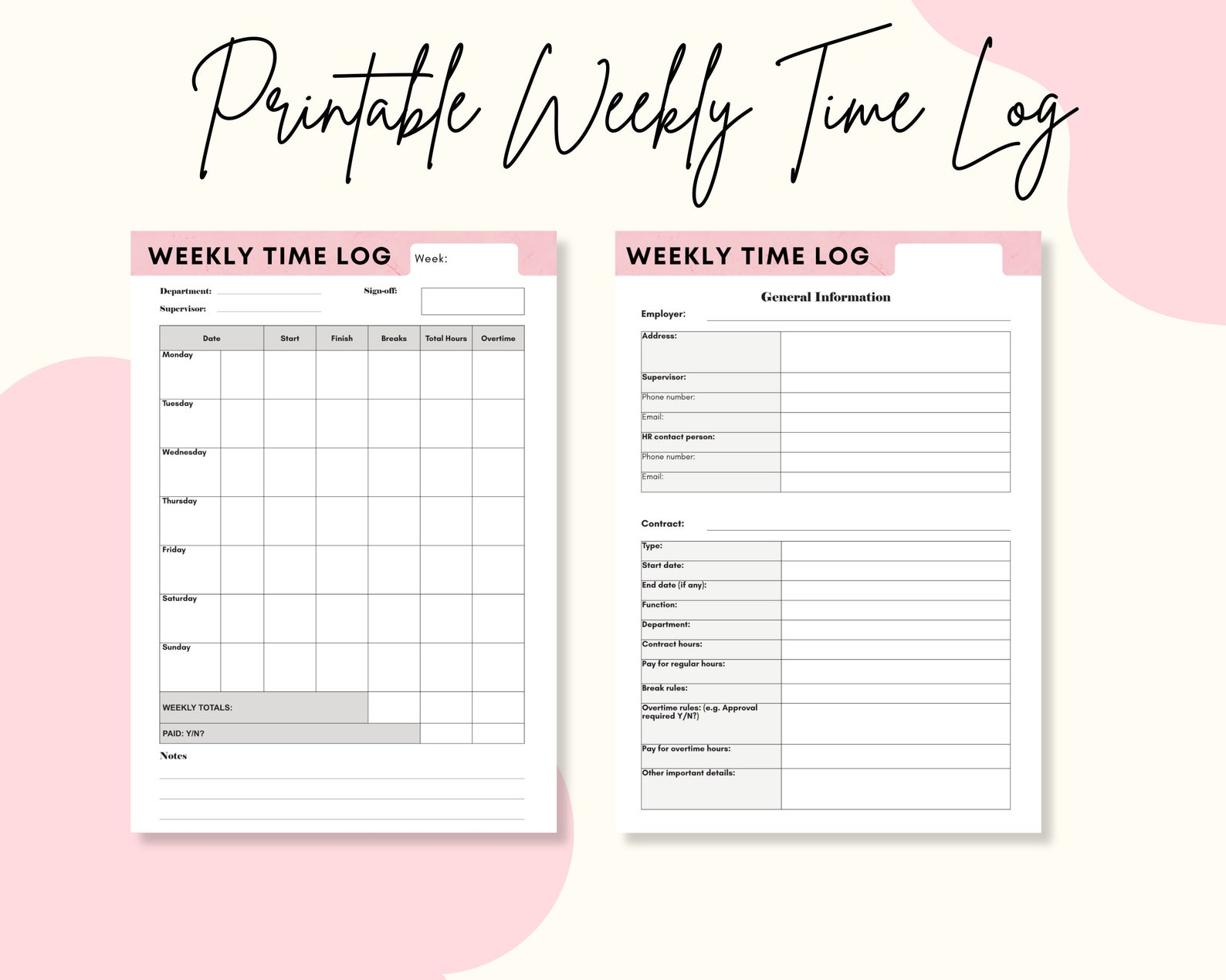 Pink Marble Weekly Time Log| Printable Time Sheets for Employees | Work ...