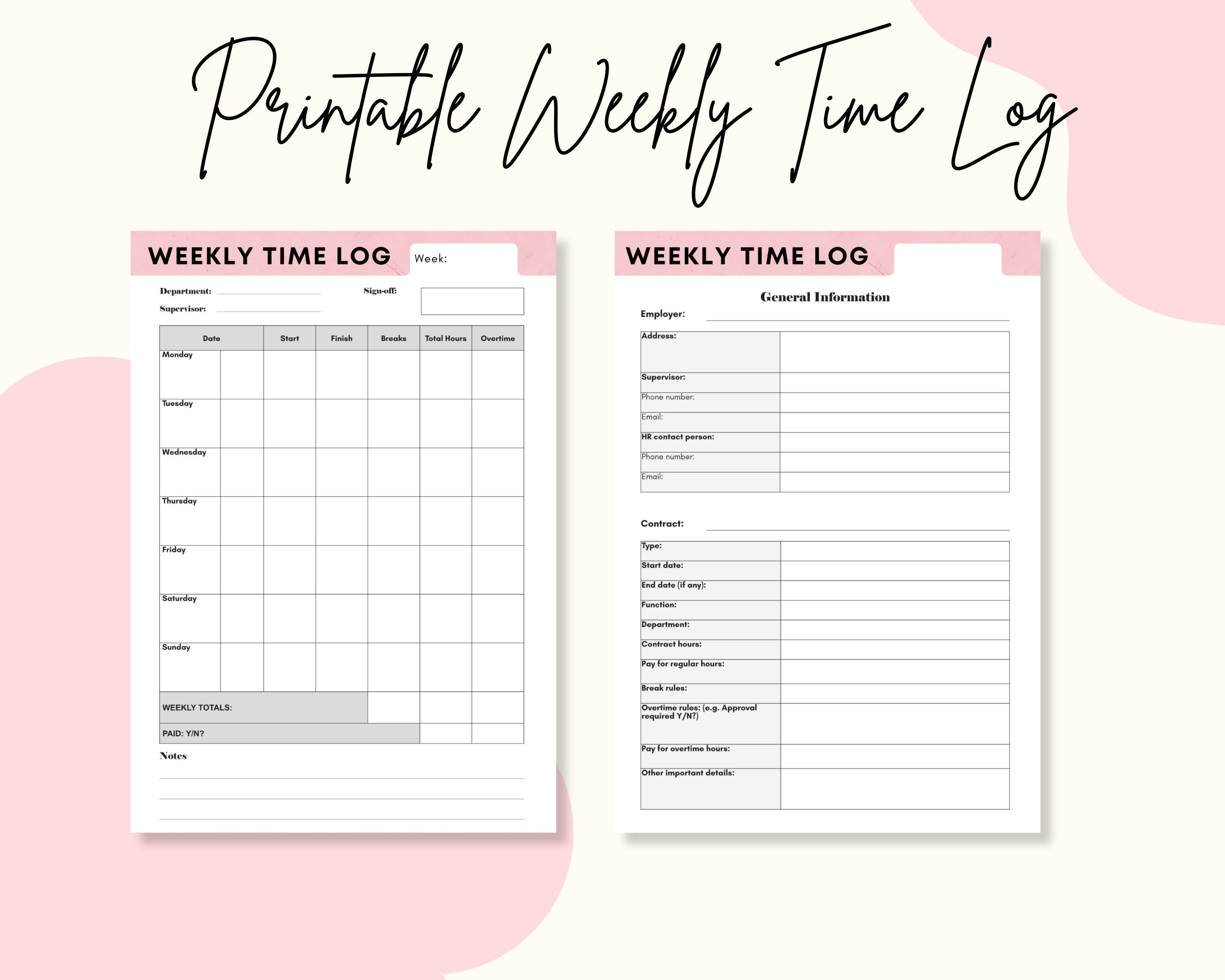 Pink Marble Weekly Time Log| Printable Time Sheets for Employees | Work ...