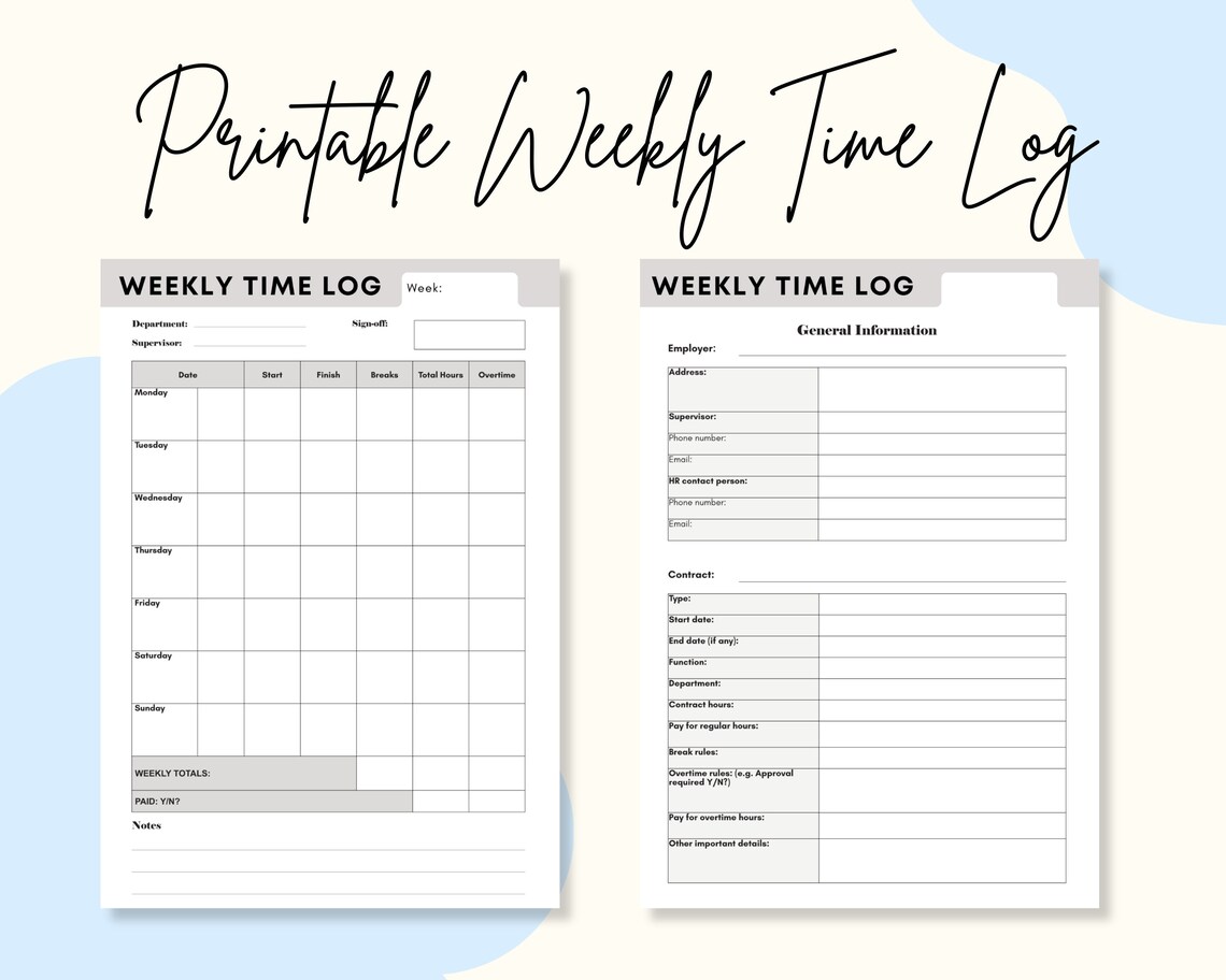 Weekly Time Log| Printable Time Sheets for Employees | Work Hours ...