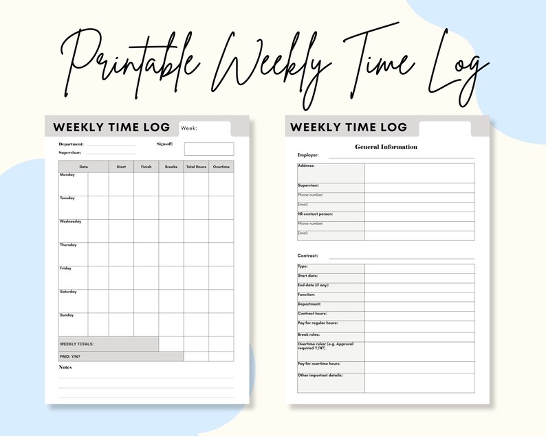 Weekly Time Log| Printable Time Sheets for Employees | Work Hours ...