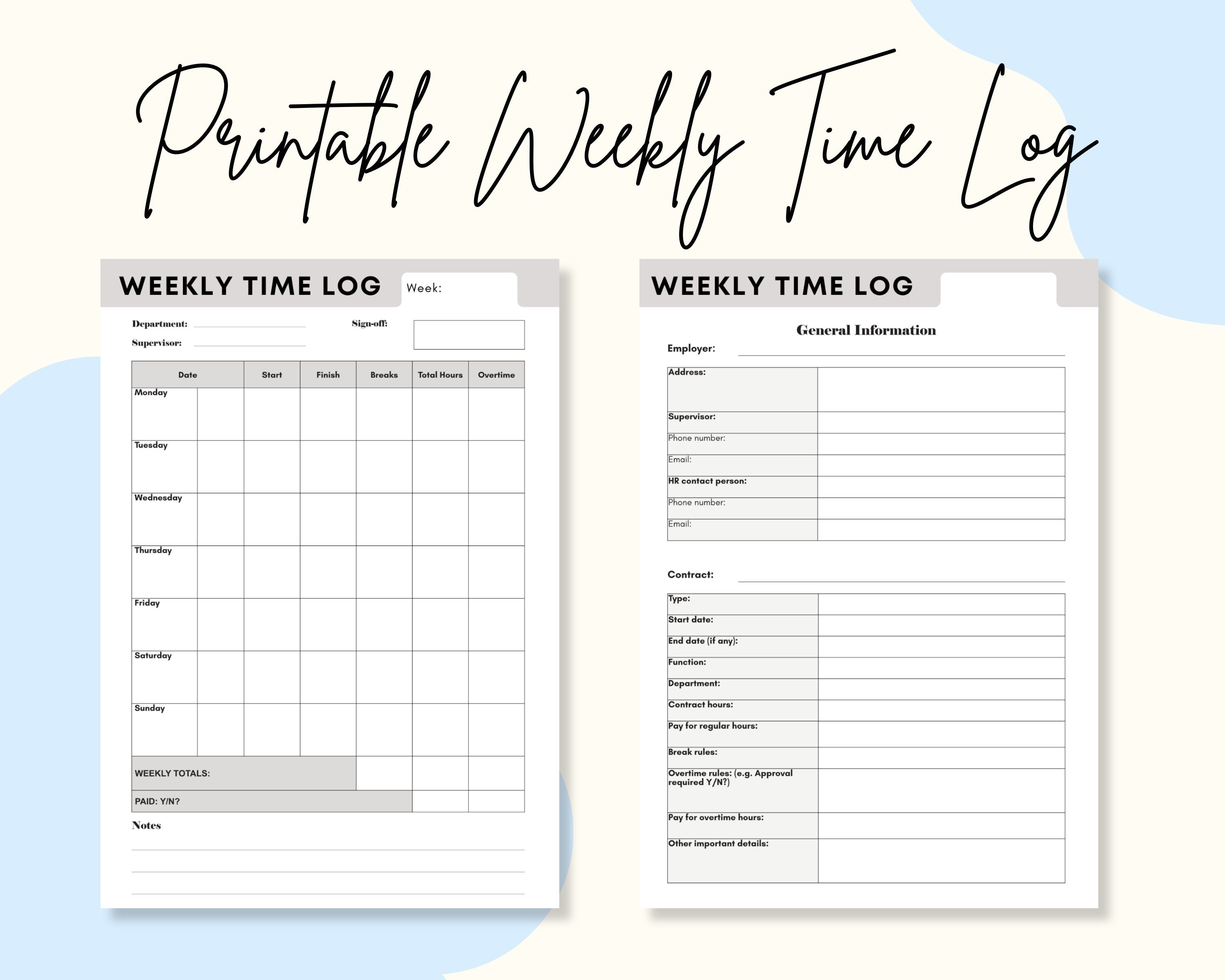 Weekly Time Log| Printable Time Sheets for Employees | Work Hours ...