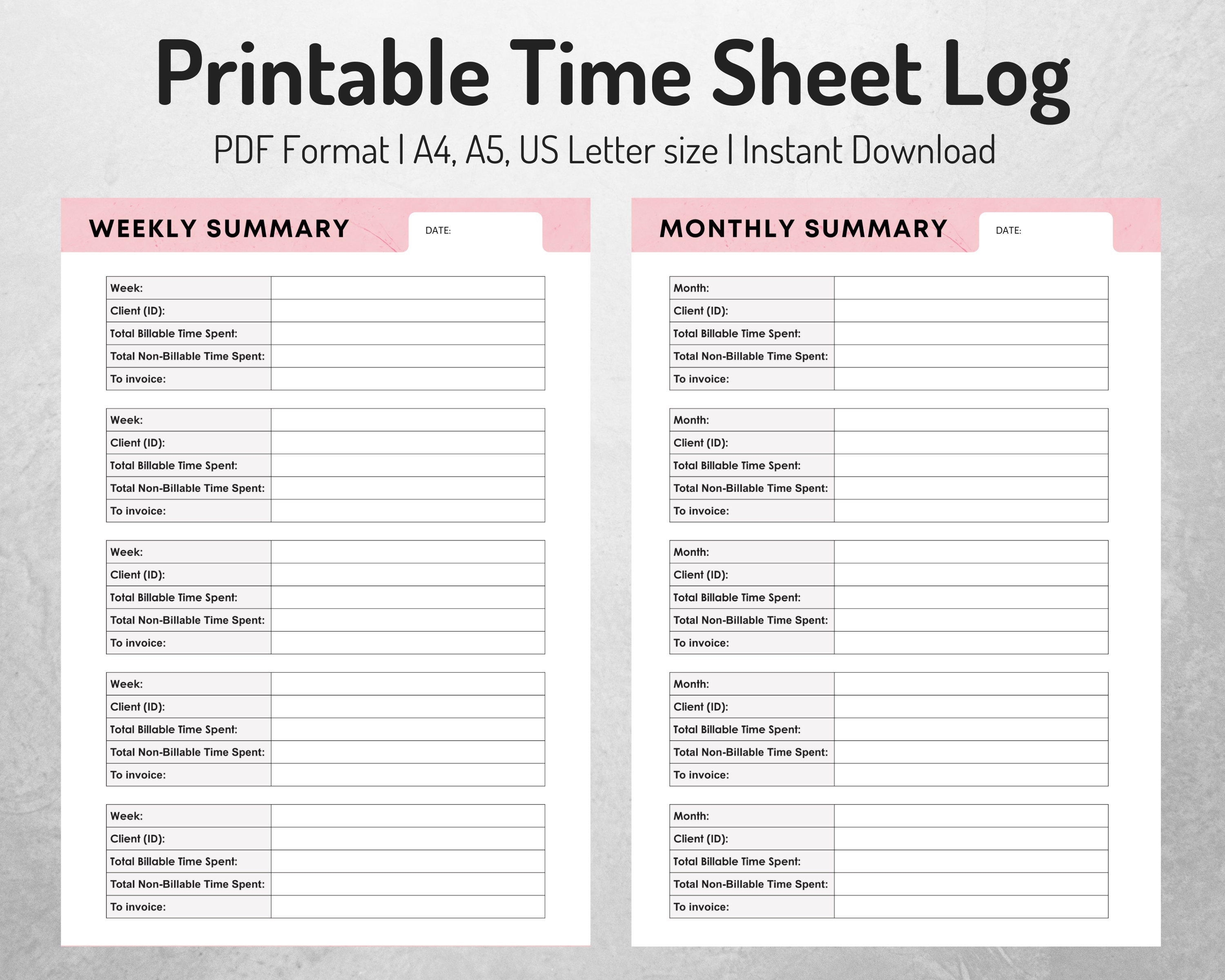 Pink Marble Time Sheet Log for Freelancers (Download Now) - Etsy