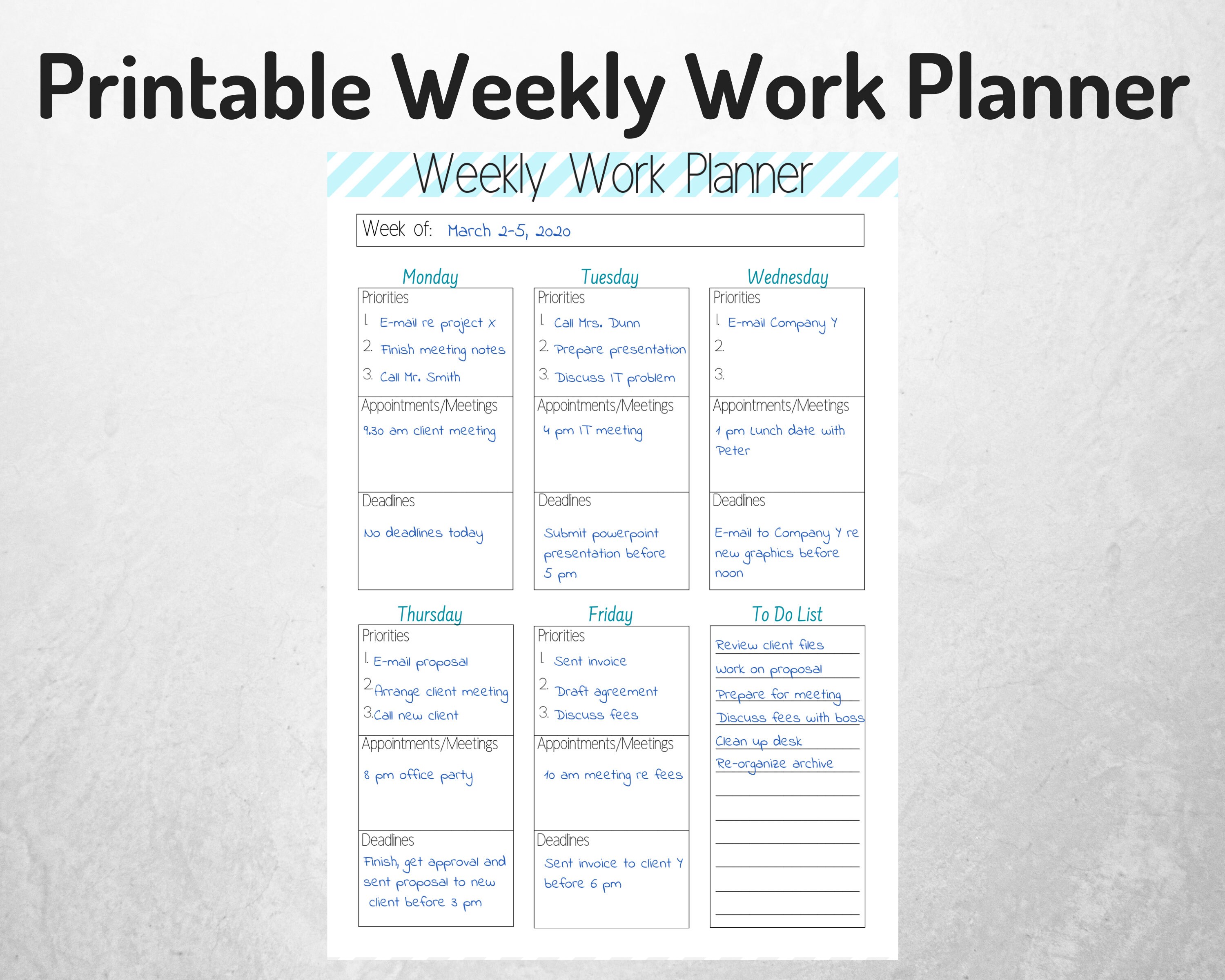 Weekly Work Organizer Weekly Plannerprintable Work Planner - Etsy