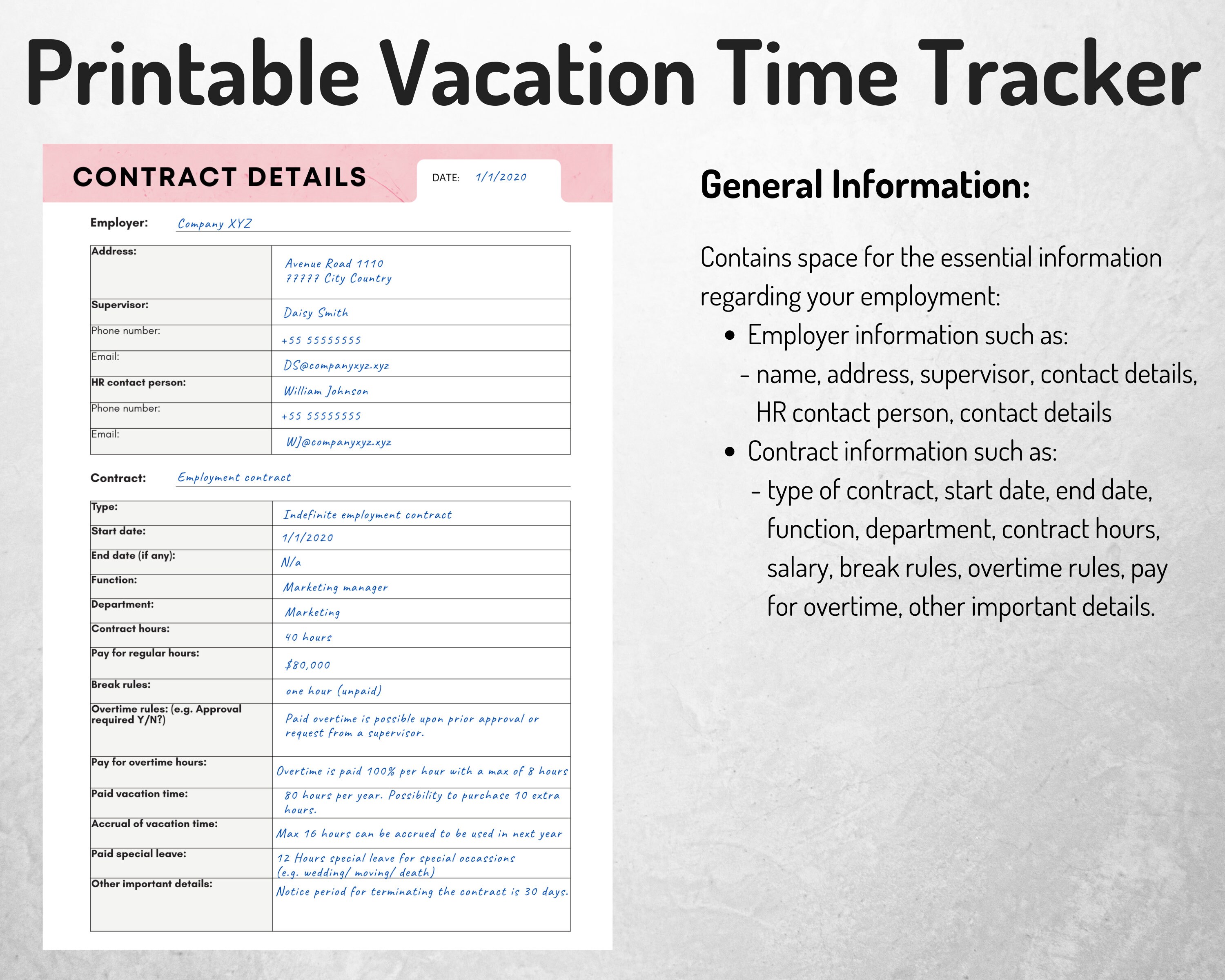Pink Marble Vacation Time Tracker Paid Time off Log - Etsy