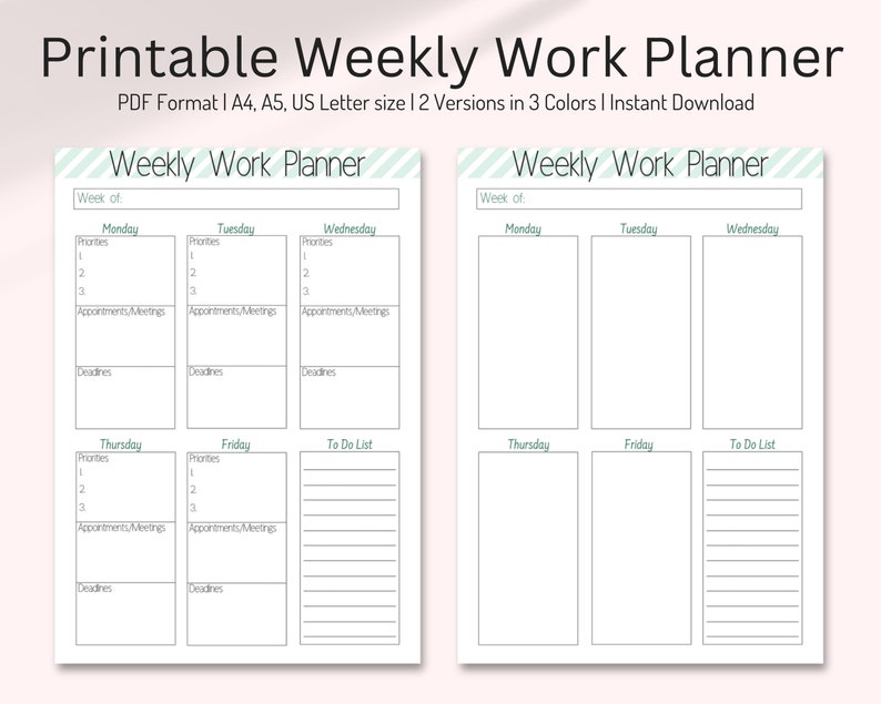 Workweek Organizer Weekly Work Planner Work Planner Printable Planner ...
