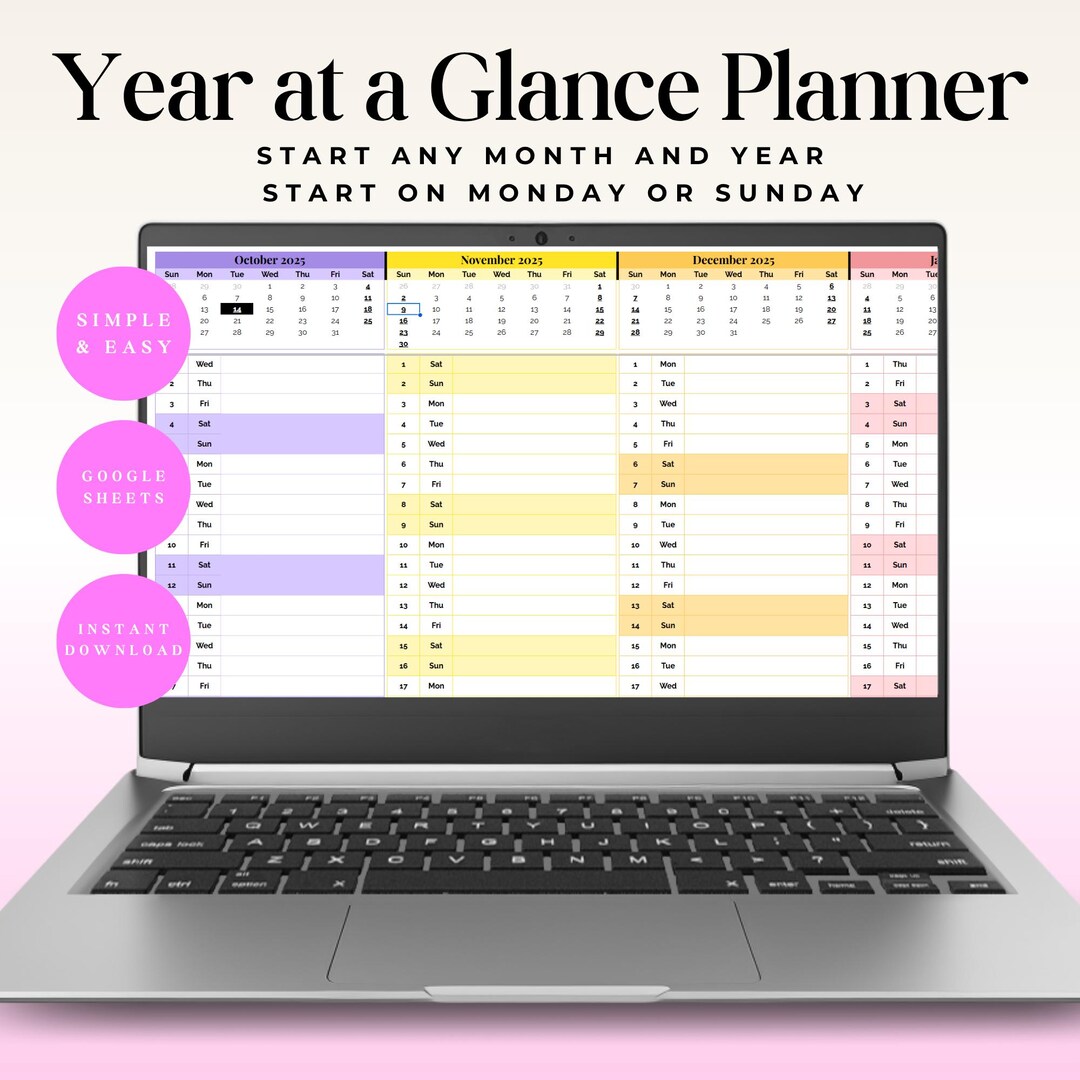 Year at a Glance Calendar, Annual Planner for Google Sheets, Dynamic ...