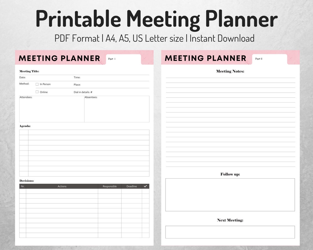 Pink Marble Meeting Planner Printable Meeting Notes - Etsy