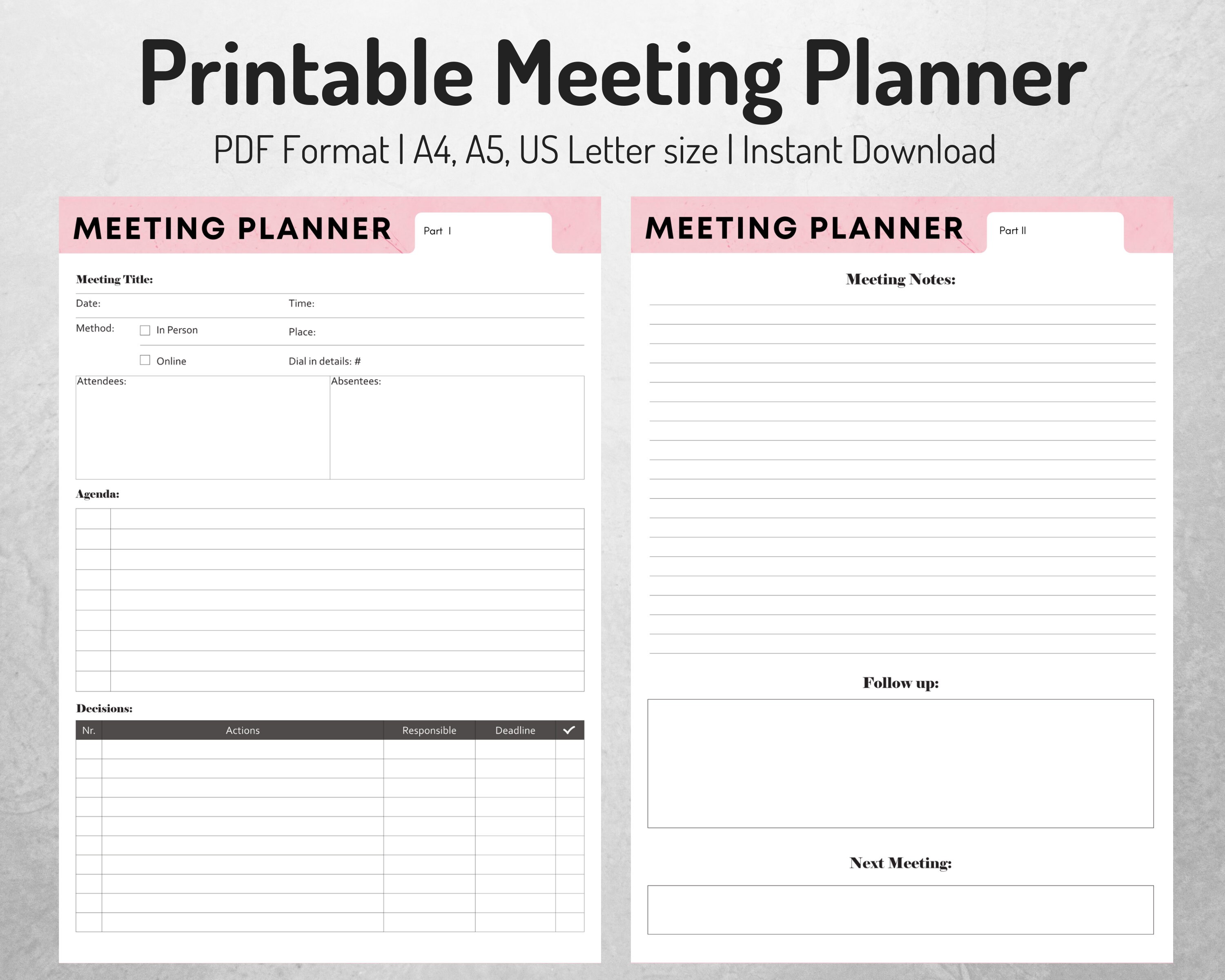 Pink Marble Meeting Planner Printable Meeting Notes - Etsy
