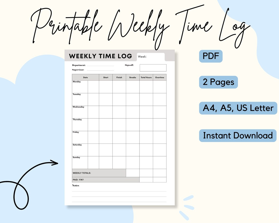 Weekly Time Log| Printable Time Sheets for Employees | Work Hours ...