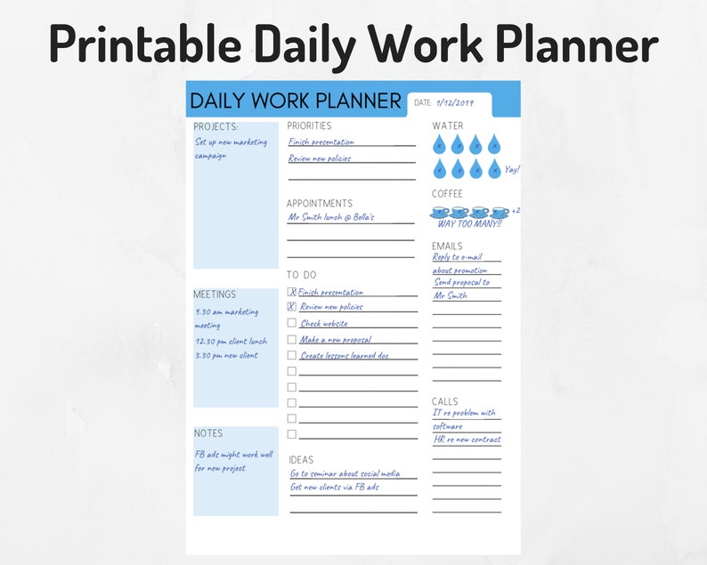 Daily Work Planner Daily Planner Work Organizer Printable Work Planner ...