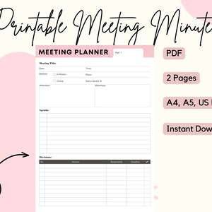 Pink Marble Meeting Planner | Printable Meeting Notes - Etsy