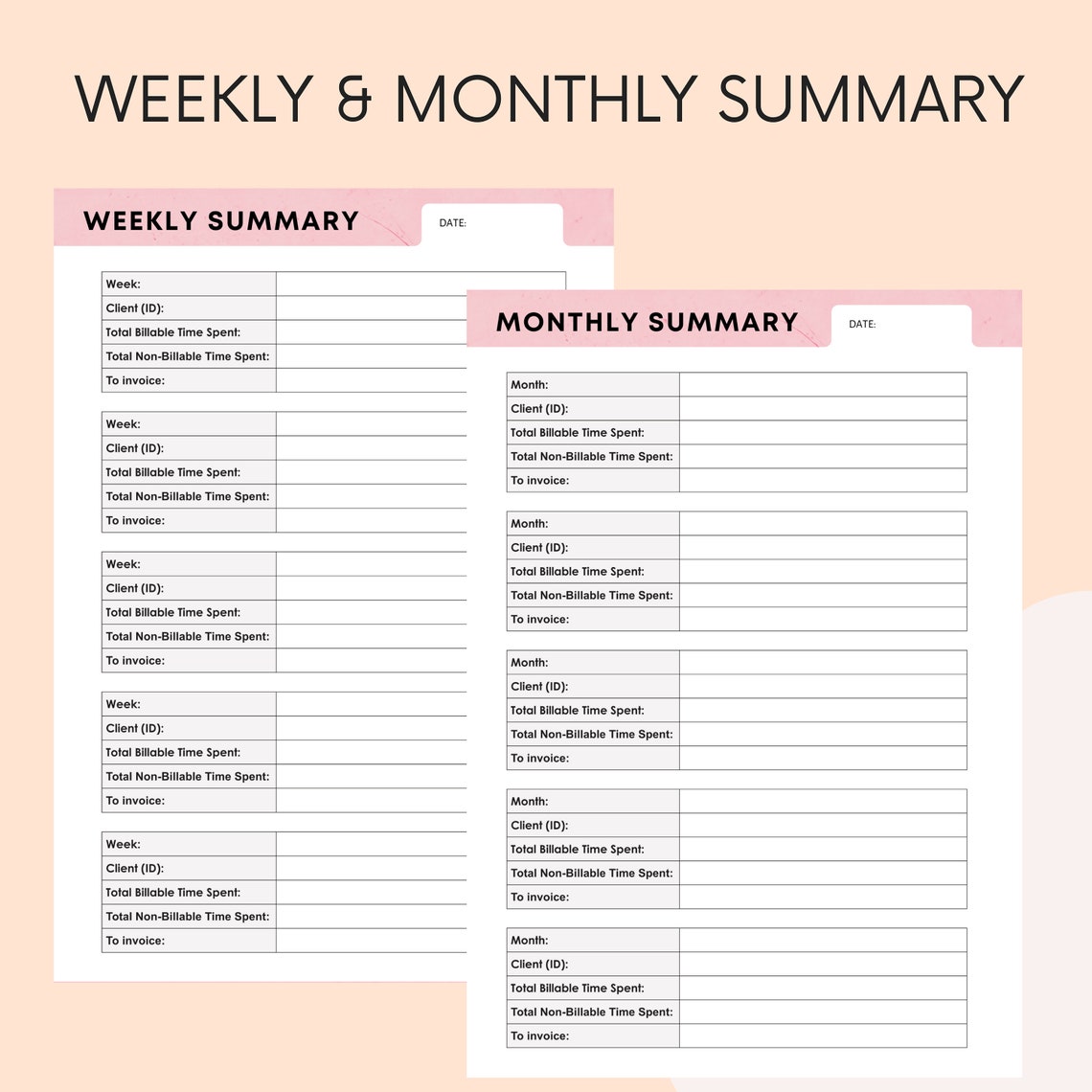 Pink Marble Time Sheet Log for Freelancers | Printable Time Sheets for ...