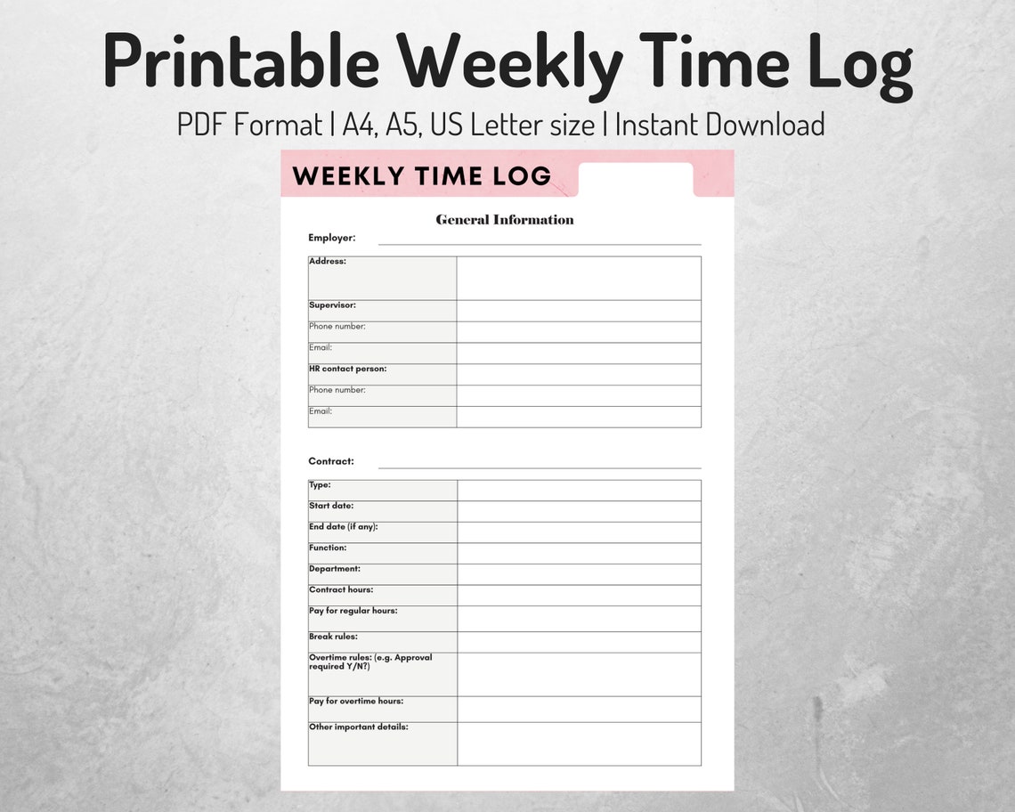 Pink Marble Weekly Time Log Printable Time Sheets for - Etsy