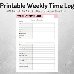 Pink Marble Weekly Time Log Printable Time Sheets for Employees Work ...