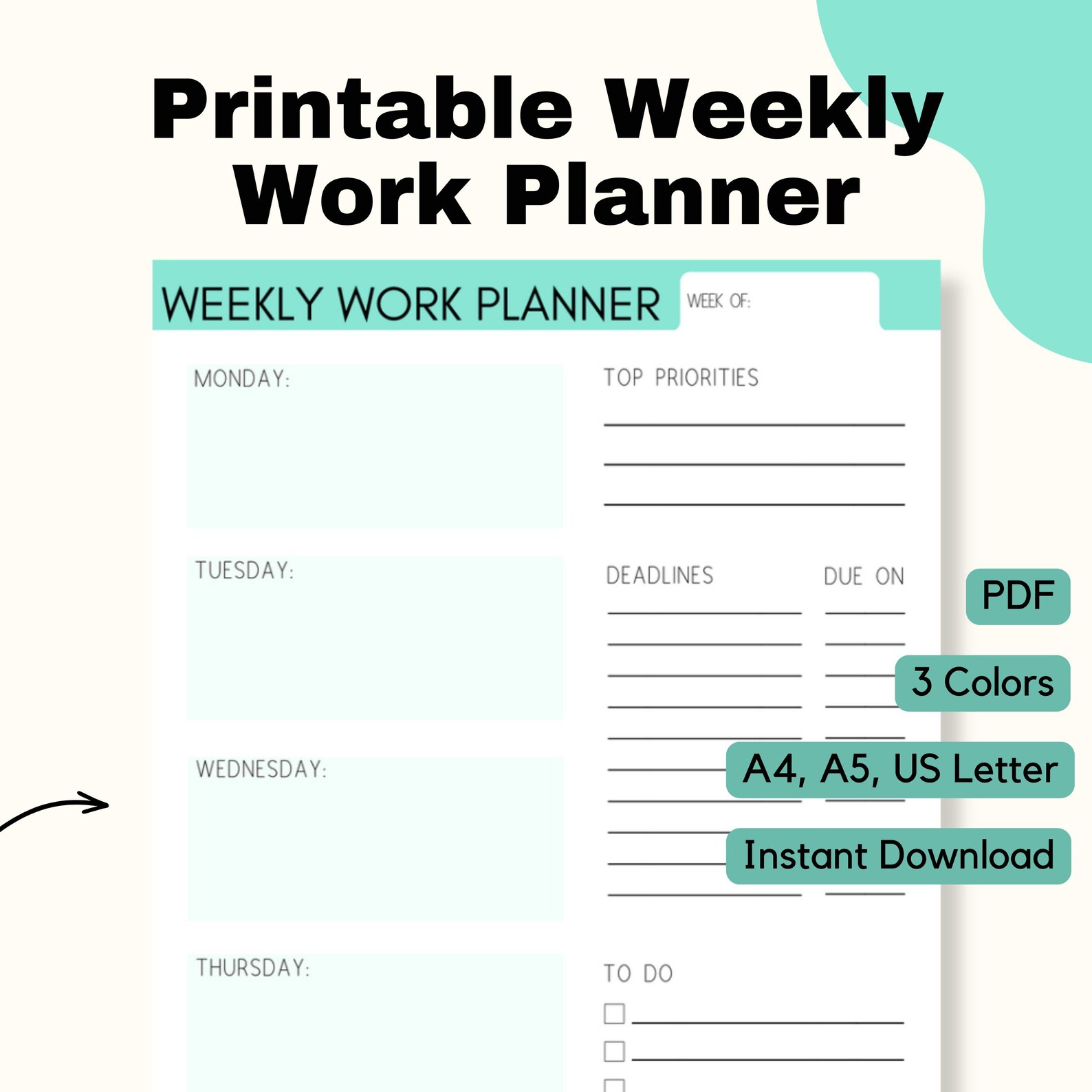 Weekly Work Planner| Weekly Planner| Work Organizer| Work Calendar ...