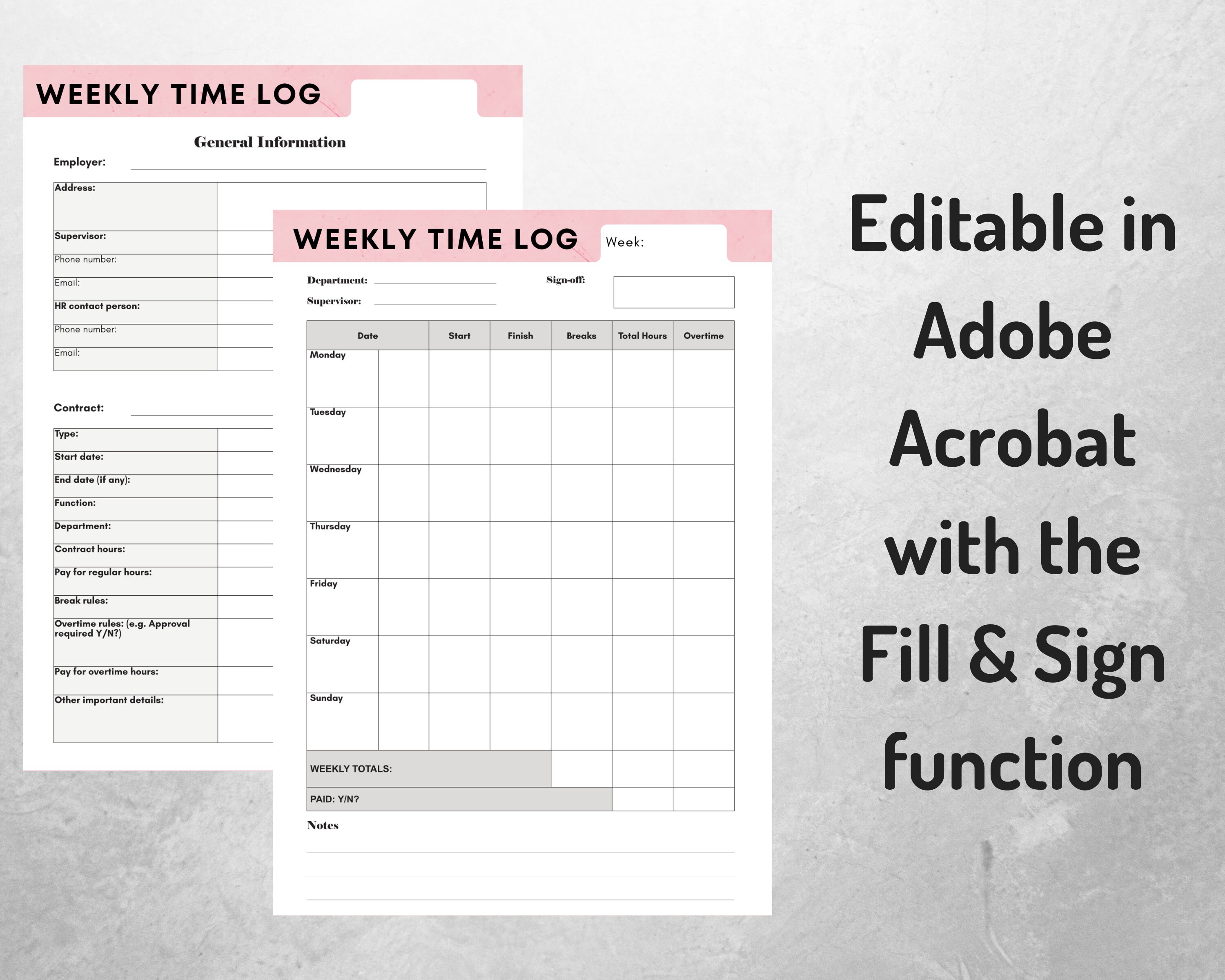 Pink Marble Weekly Time Log Printable Time Sheets for Employees Work ...