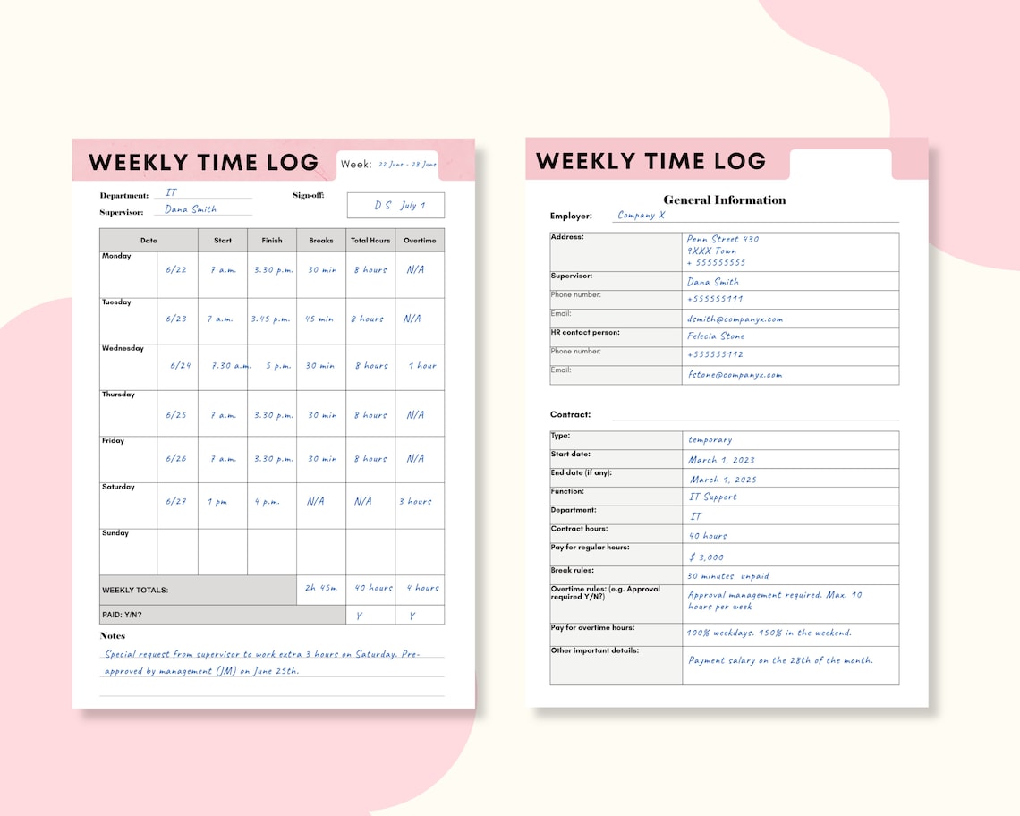 Pink Marble Weekly Time Log| Printable Time Sheets for Employees | Work ...