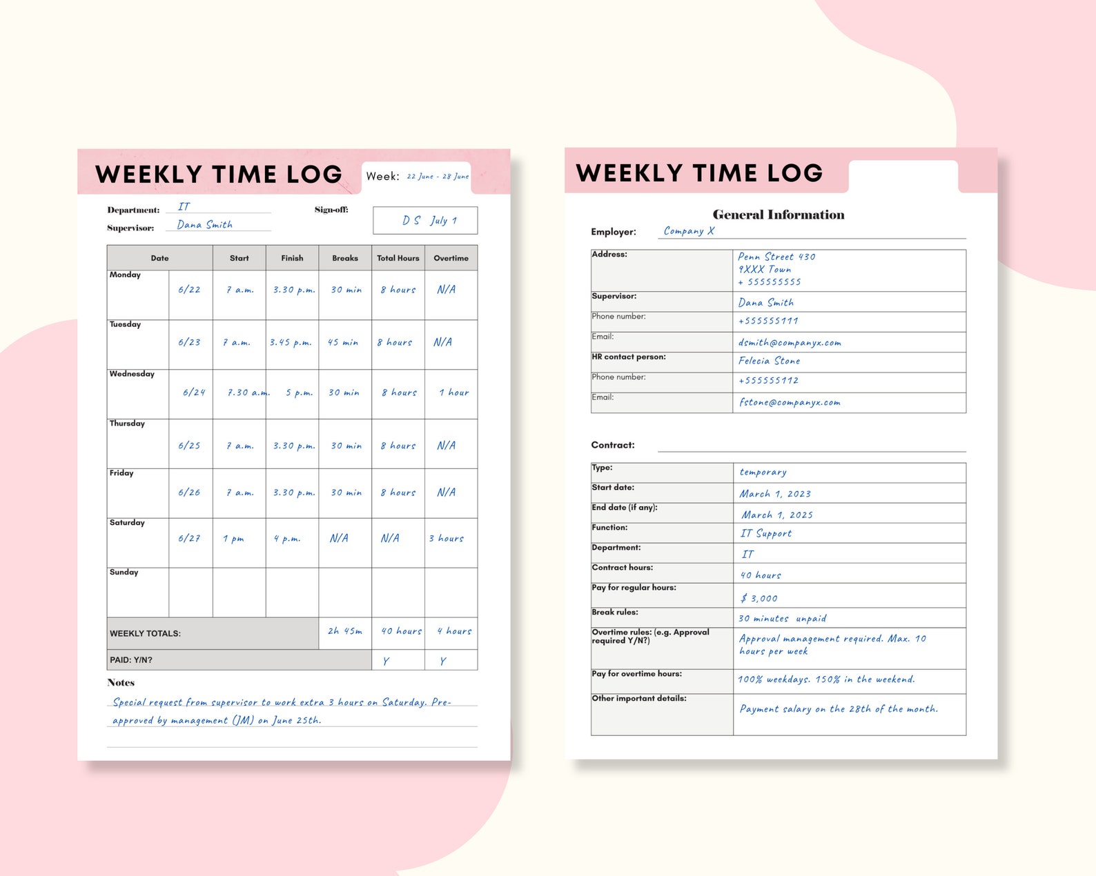 Pink Marble Weekly Time Log| Printable Time Sheets for Employees | Work ...