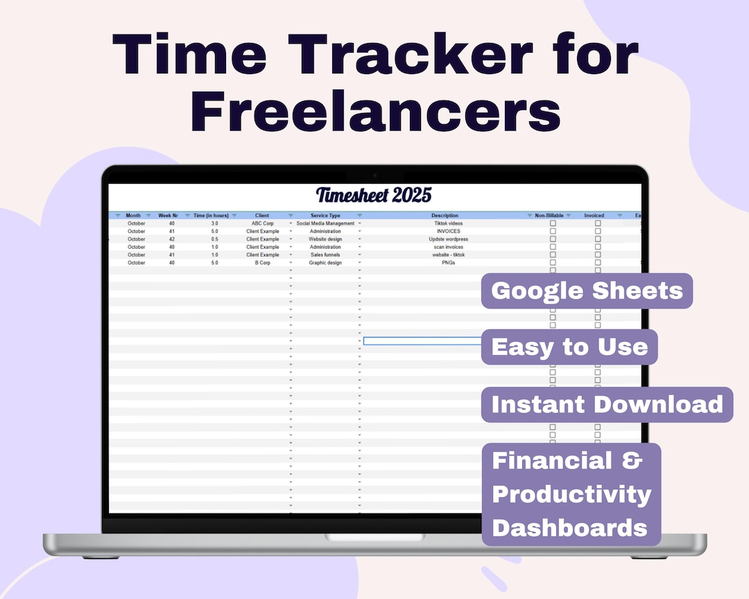 Freelancer Time Sheet Tracker Google Sheets Template, Billable Hours ...