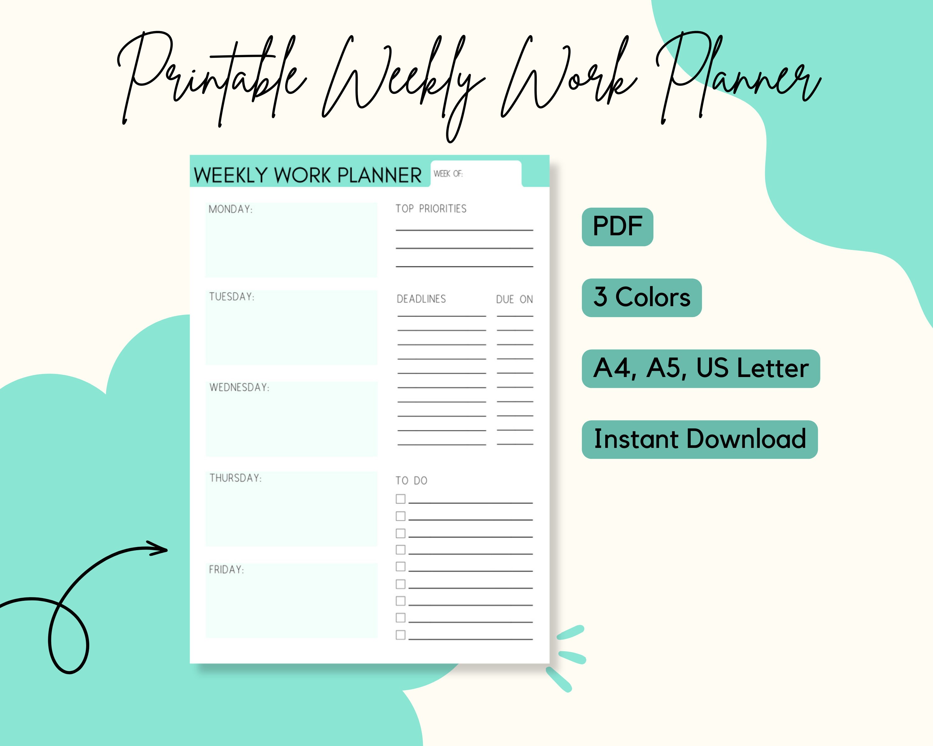 Weekly Work Planner Weekly Planner Work Organizer Work Calendar ...