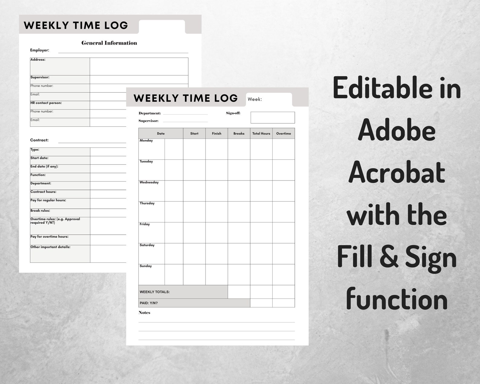 Weekly Time Log Printable Time Sheets for Employees Work - Etsy